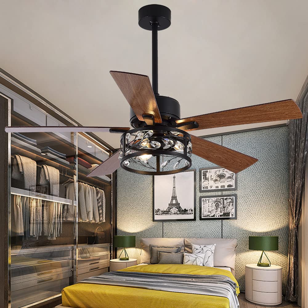 ANFERSONLIGHT 52" Crystal Ceiling Fan with Light - Vintage Industrial Style, Noiseless, Remote Control, Reversible Motor, 3 Speeds - Perfect for Living Room, Bedroom & Dining Room - Black Finish