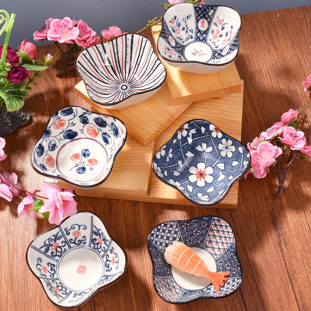 BOSILI Sauce Bowl Set of 6-4 OZ Sauce Plate, 6 Different Pattern Dipping Bowls/Dish, Mini Small Bowls for Soy Sauce, Ketchup, Condiments, Salad Dressing, Spices