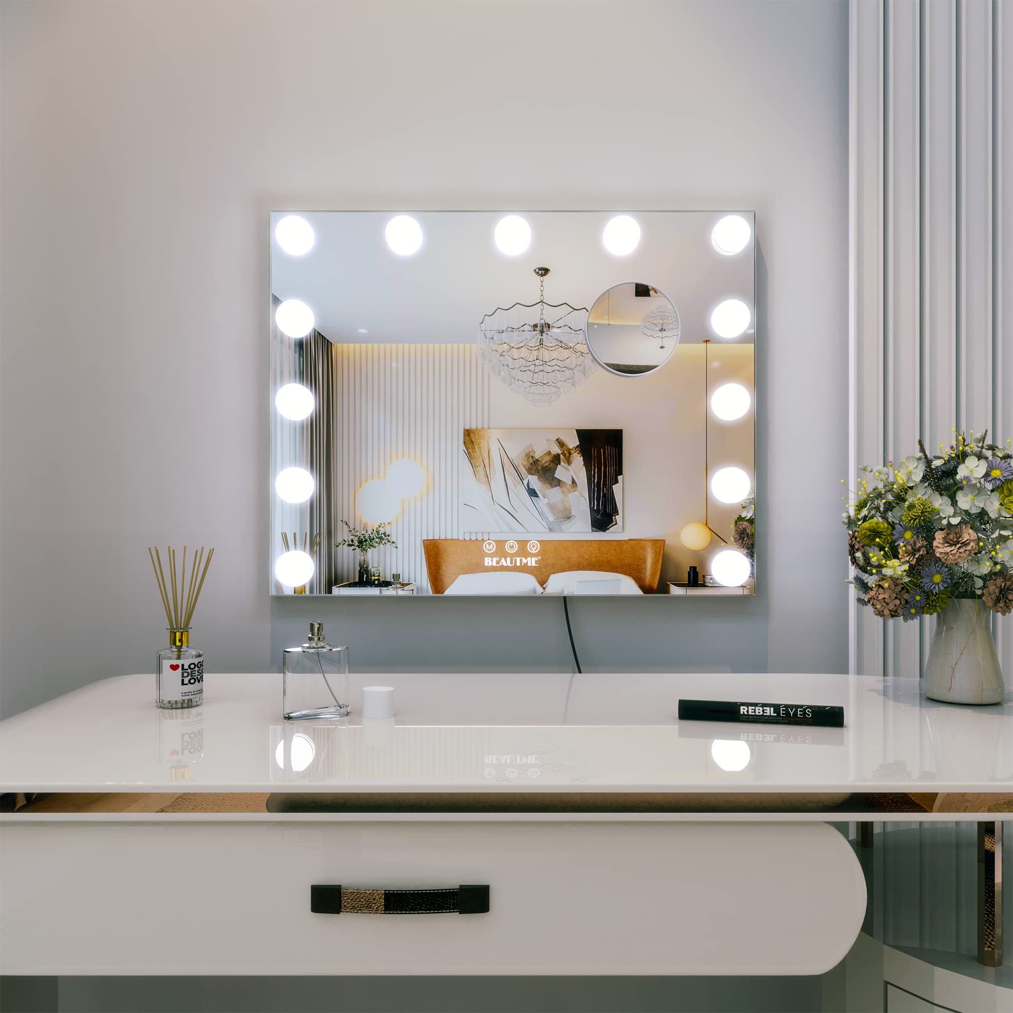 BEAUTME Vanity Mirror Hollywood Mirror with Lights,Led Makeup Mirror with Magnifying Mirror Bedroom Table Mirror/Wall Mounted Mirror Big