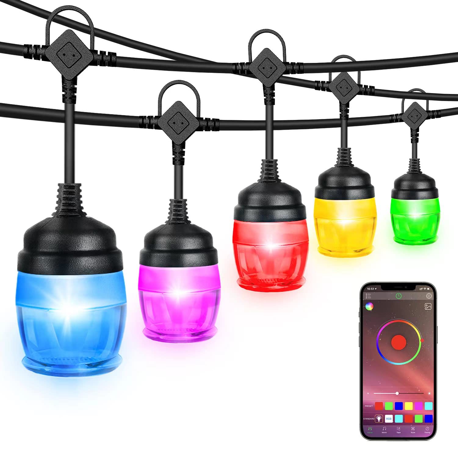 NPET Led Outdoor String Lights,Waterproof Edision Bulbs with RGB Color,Music Sync,Shatterproof WiFi Control Patio Lights,Commercial Grade Outside Lights for Indoor Outdoor,Home Decor,Wedding Party