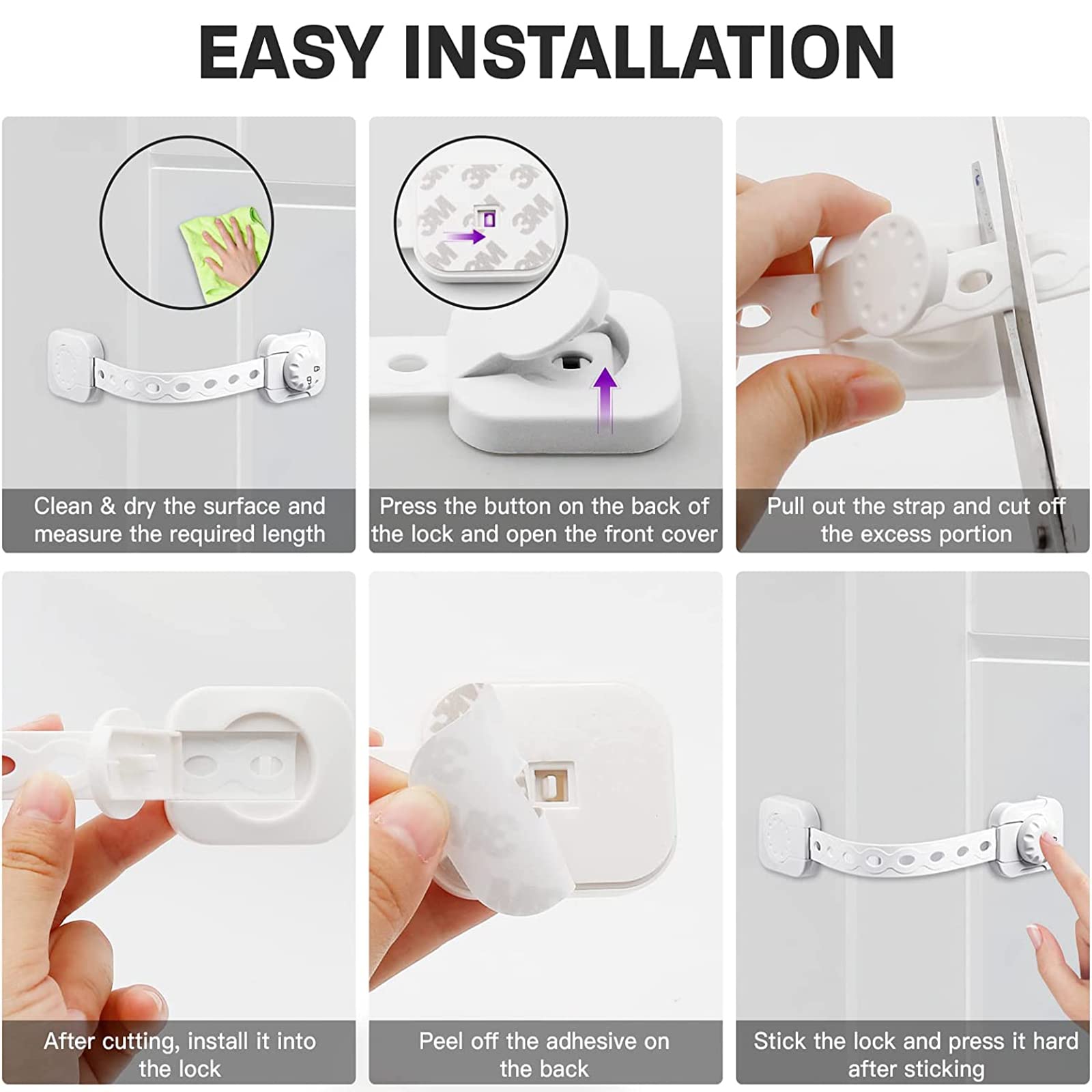 Cabinet Locks for Babies (6 Pack) Safety Child Lock Baby Proofing Drawers Door Latches for Fridge, Dishwasher, Toilet Seats, Ovens, Kitchen - Adjustable Kids Strap Lock, 3M Adhesive Easy Installation