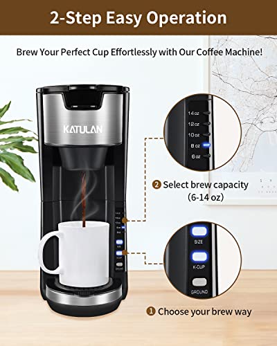 Single Serve Coffee Maker K Cup & Ground Coffee, One Cup Brews 6-14 Oz in 2 Mins, Fits Travel Mugs, with 30 Oz Removable Water Tank, Reuseable Filter, Black