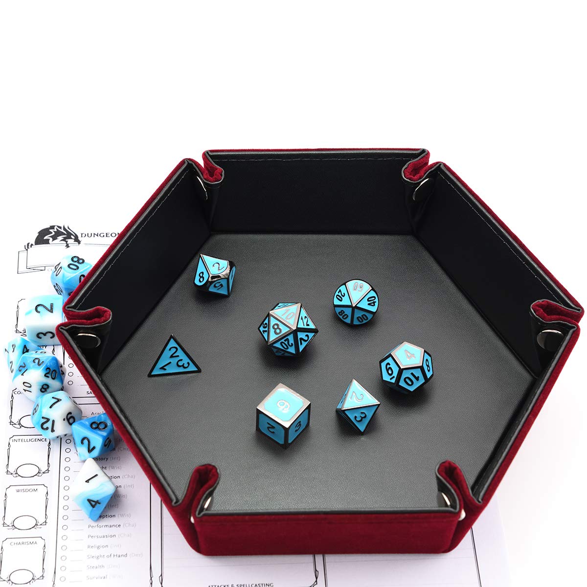 Dice Folding Hexagon Tray w/Red Velvet Rolling for DND Dice Games and Candy Holder Storage