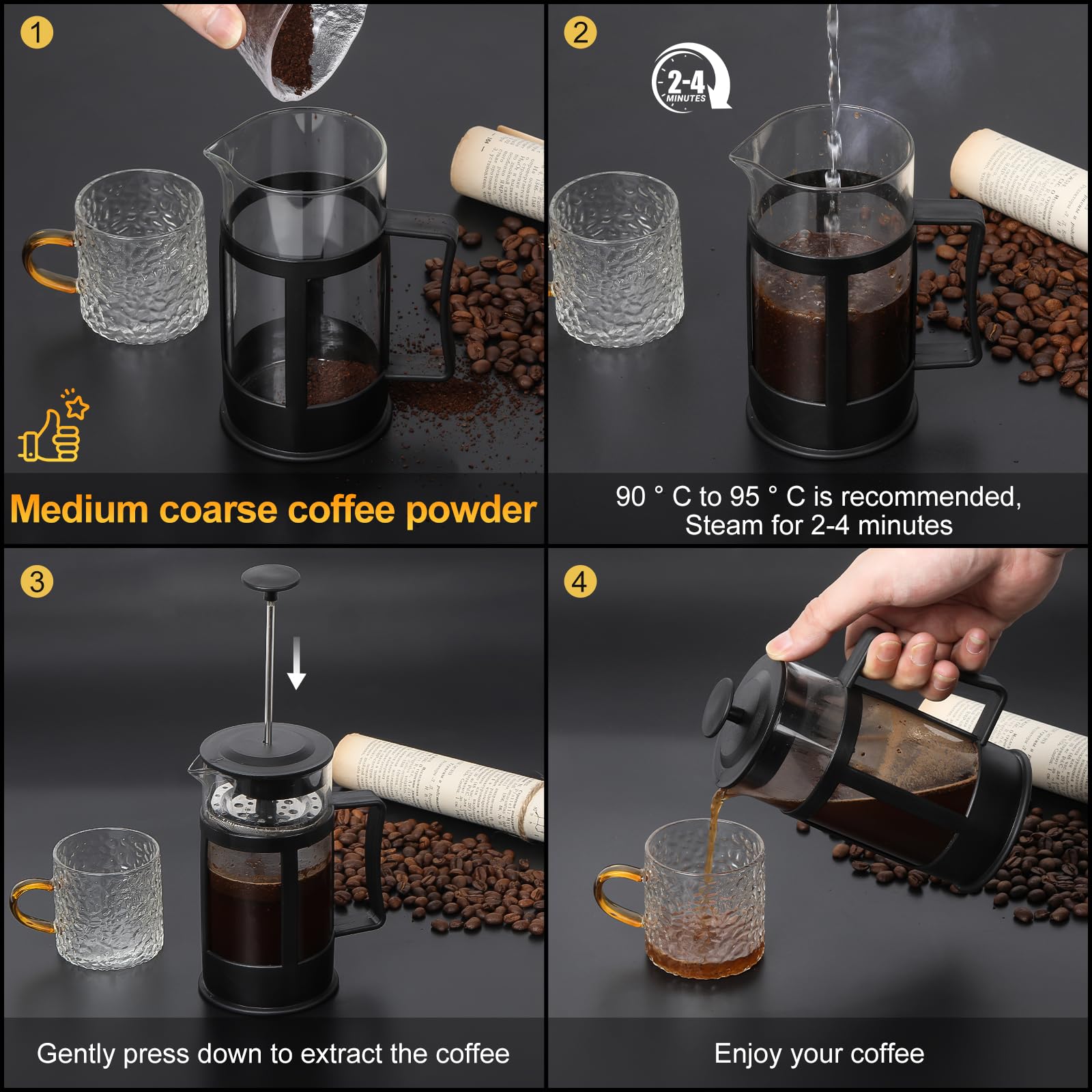 Chiallco Mini French Press Coffee Maker, Heat Resistant Thickened Borosilicate Classic Glass Stainless Steel Coffee Press, 12OZ Heat Cold Brew Coffee Pot Tea Press for Kitchen Travel Camping,Black