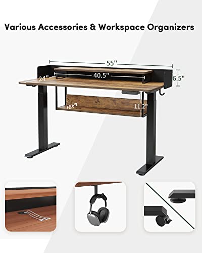 BANTI 55"x24" Standing Desk Adjustable Electric Height with Monitor Stand, Double Storage Shelves Stand Up Desk, Home Office Workstation Sit Stand up Desk (Rustic Brown)