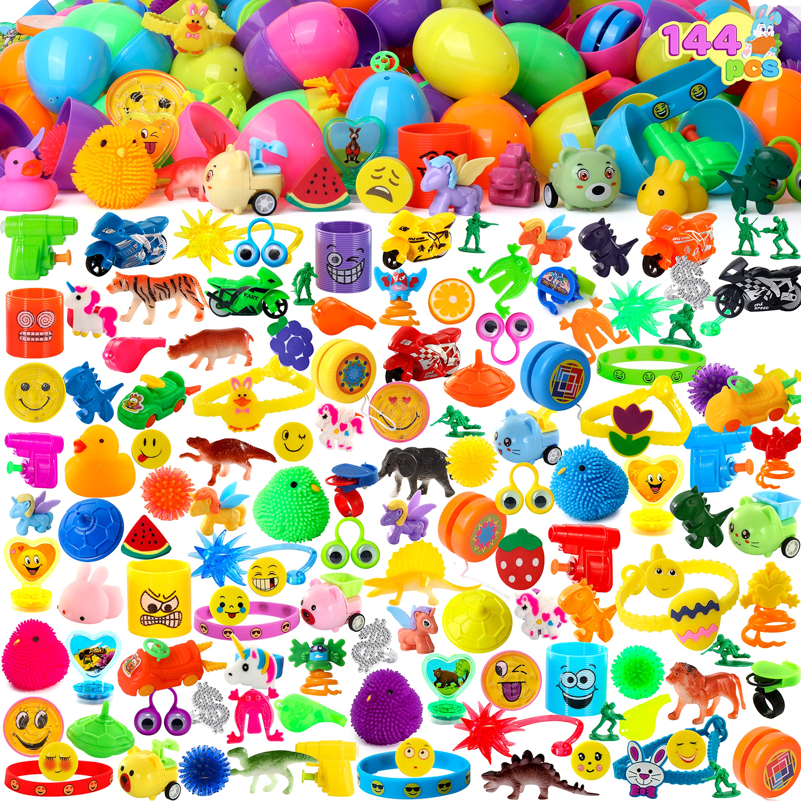 JOYIN 144 Pcs Prefilled Easter Eggs with Toys Plus Stickers Inside, Stuffed Toys for Easter Eggs Hunt, Basket Stuffers/Fillers, Party Favor, Classroom Prize Supplies