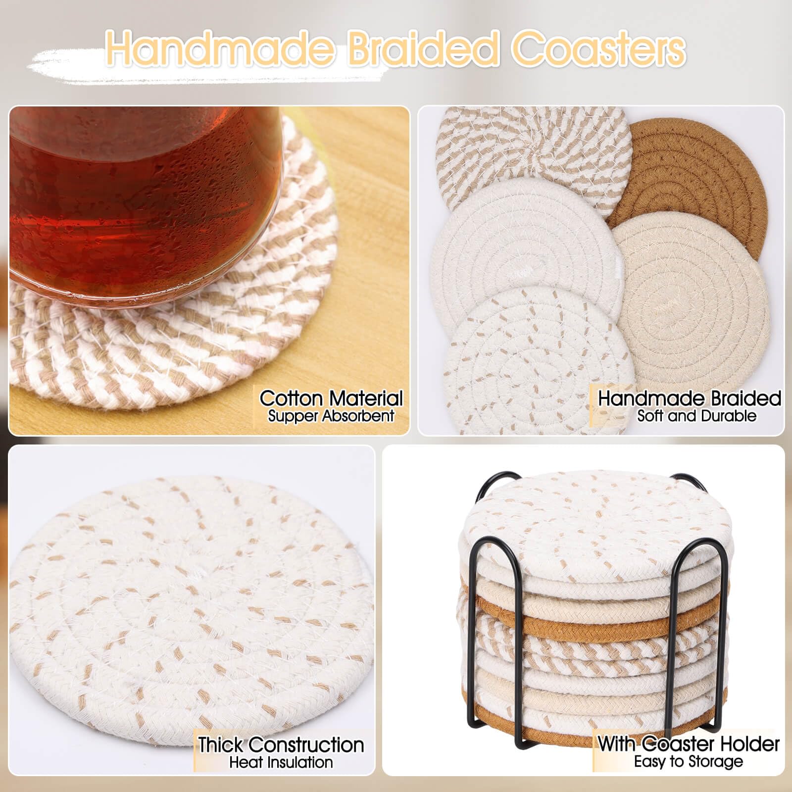 Billbotk 10 Pieces Boho Coasters for Drinks, Absorbent Drink Coasters with Holder, Cute Coaster Set for Boho Home Decor, Apartment Decor Aesthetic, Living Room Essentials, 4.3 Inches