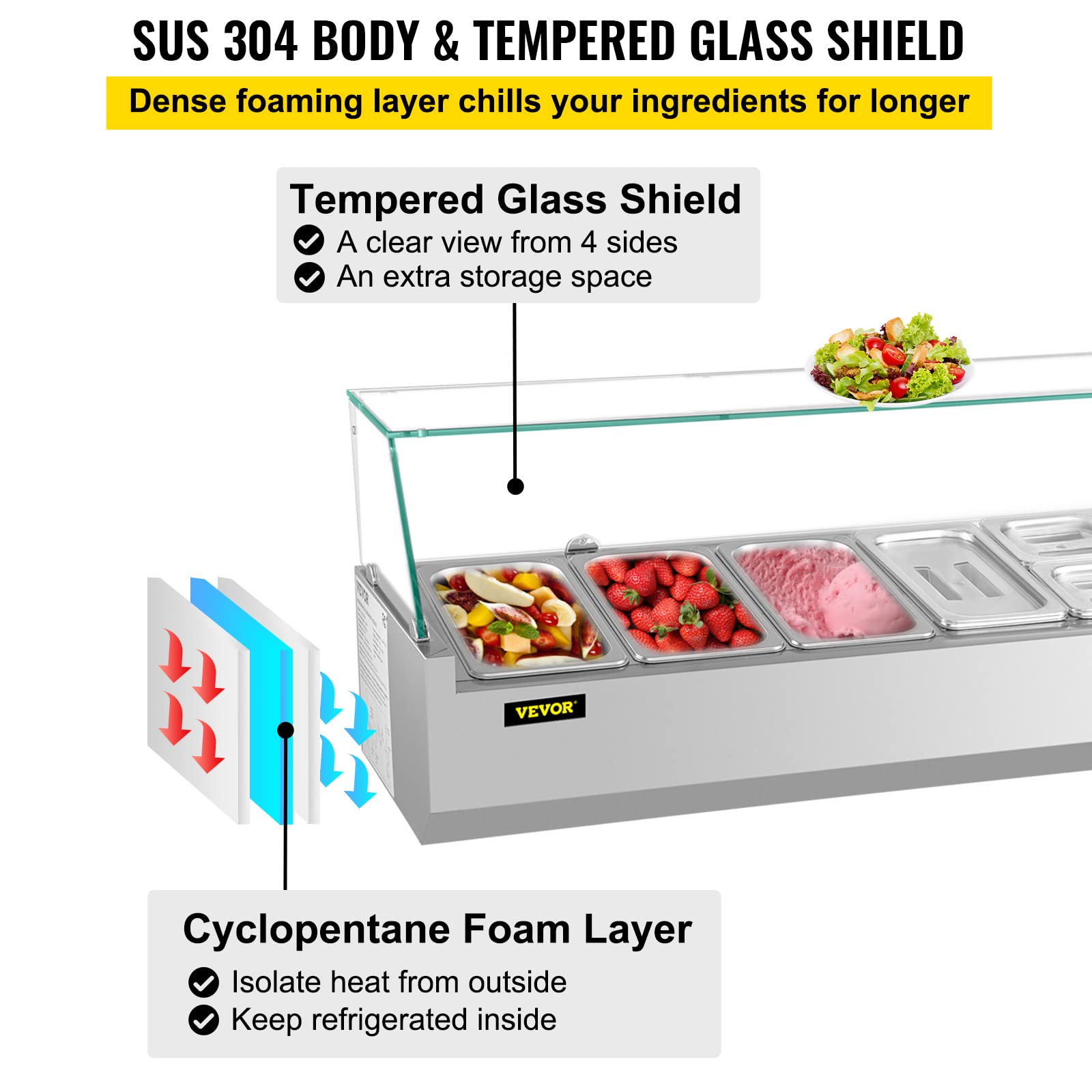 VEVOR Refrigerated Condiment Prep Station, 60-Inch, 16.8Qt Sandwich Prep Table with 4 1/3 Pans & 4 1/6 Pans, 146W Salad Bar with 304 Stainless Body Tempered Glass Shield Digital Temp Display Auto Defr