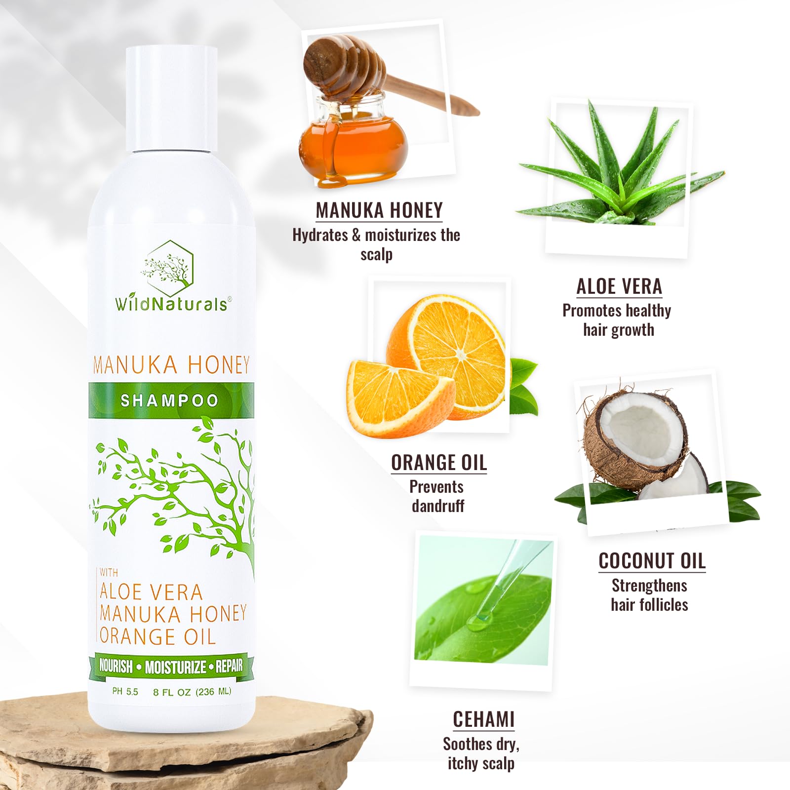 Wild Naturals Manuka Honey Shampoo for Eczema & Psoriasis – Hydrating Sulfate-Free Shampoo with Aloe Vera & Coconut Oil – Moisturizing Shampoo for Dry, Itchy Scalp