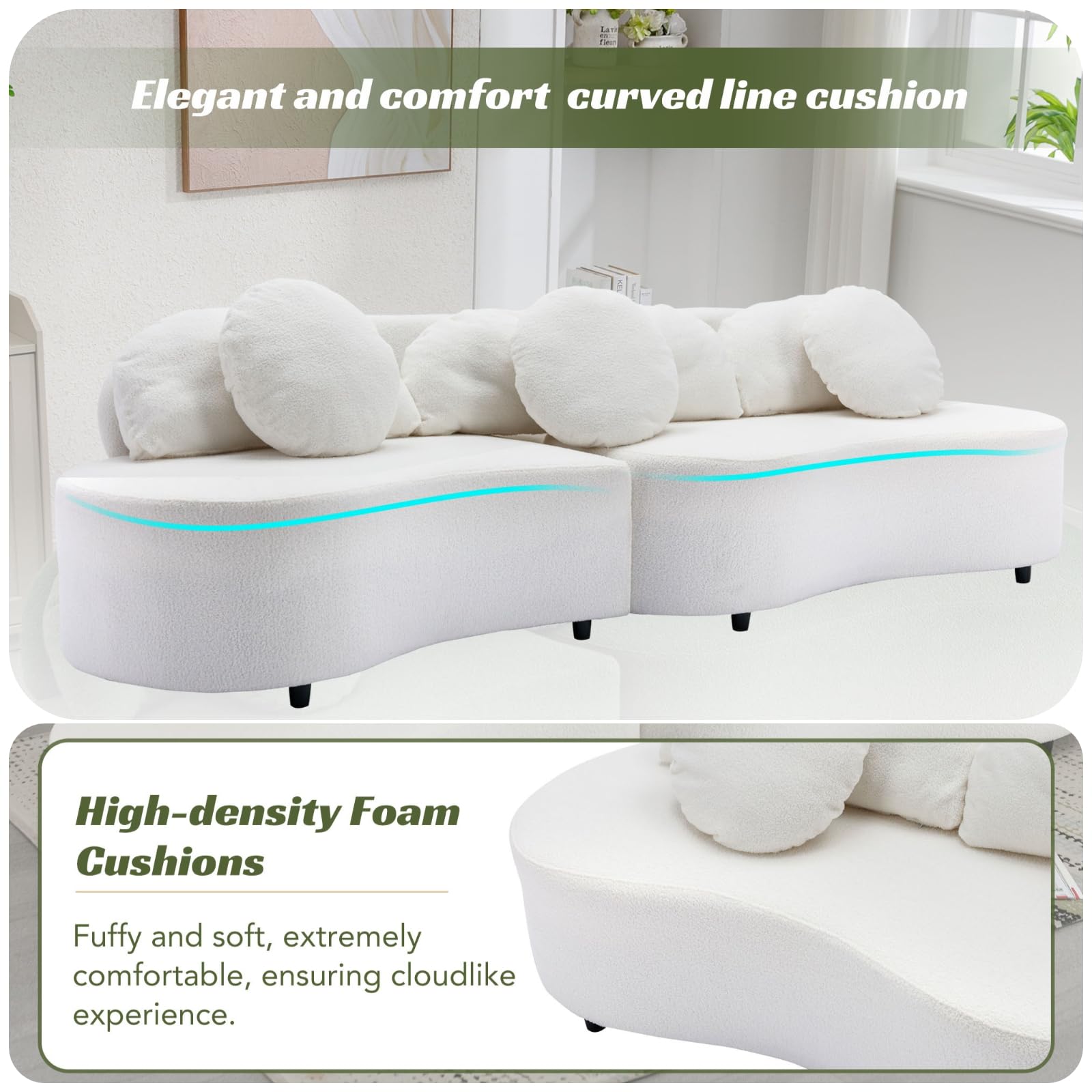 ChicFurnit Velvet Upholstered Set with 6 Pillows Sofa, 103.9" L x 26.7" W x 29.5" H, Beige