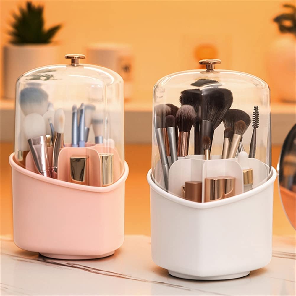 Birsppy Srutirbo Makeup Brush Holder 360 Degree Rotating Brush Organizer with Clear Lid, Brush Storage Box Dust Proof Makeup Organizer for Bathroom, Vanity, Makeup Container (Heart White)