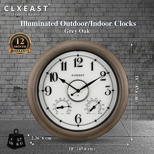CLXEAST Illuminated Outdoor Clocks Waterproof 18 Inch with Smart Sensor,Large Outdoor Pool Clock with Temperature & Hygrometer,Wall Clock for Living Room Decor,Grey Oak/Faux Barnwood