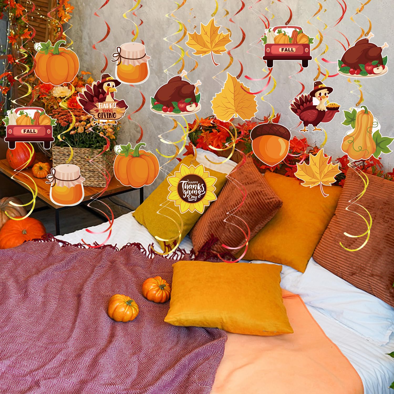 DERAYEE 30Pcs Thanksgiving Party Hanging Decorations, Thansgiving Hanging Swirls Maple Leaves Turkey Pumpkin Foil Ceiling Swirls for Home Office Classroom Autumn Harvest Decor