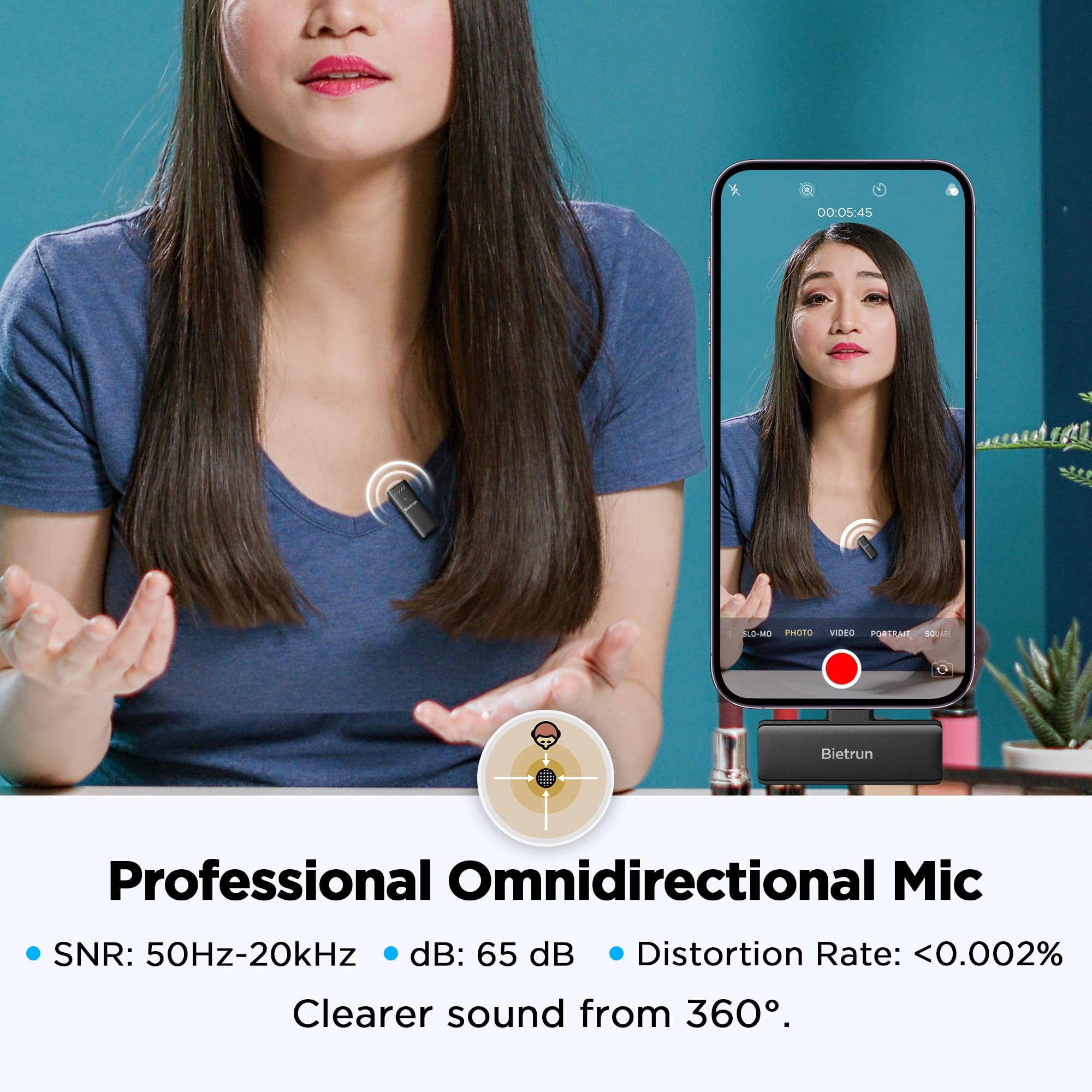 Bietrun Wireless Lavalier Lapel Microphone for iPhone ipad Video Recording, Plug and Play, Max 165ft Range, 2.4GHz Portable Omnidirectional Condenser Clip-on Cordless Mic for YouTube, Interviews
