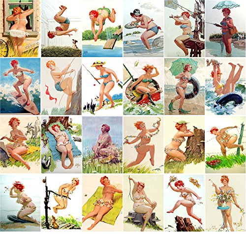 Pixiluv Pinup Postcard Pack 24pcs Chubby Sexy Girl Redhead Hilda Vintage Illustrations