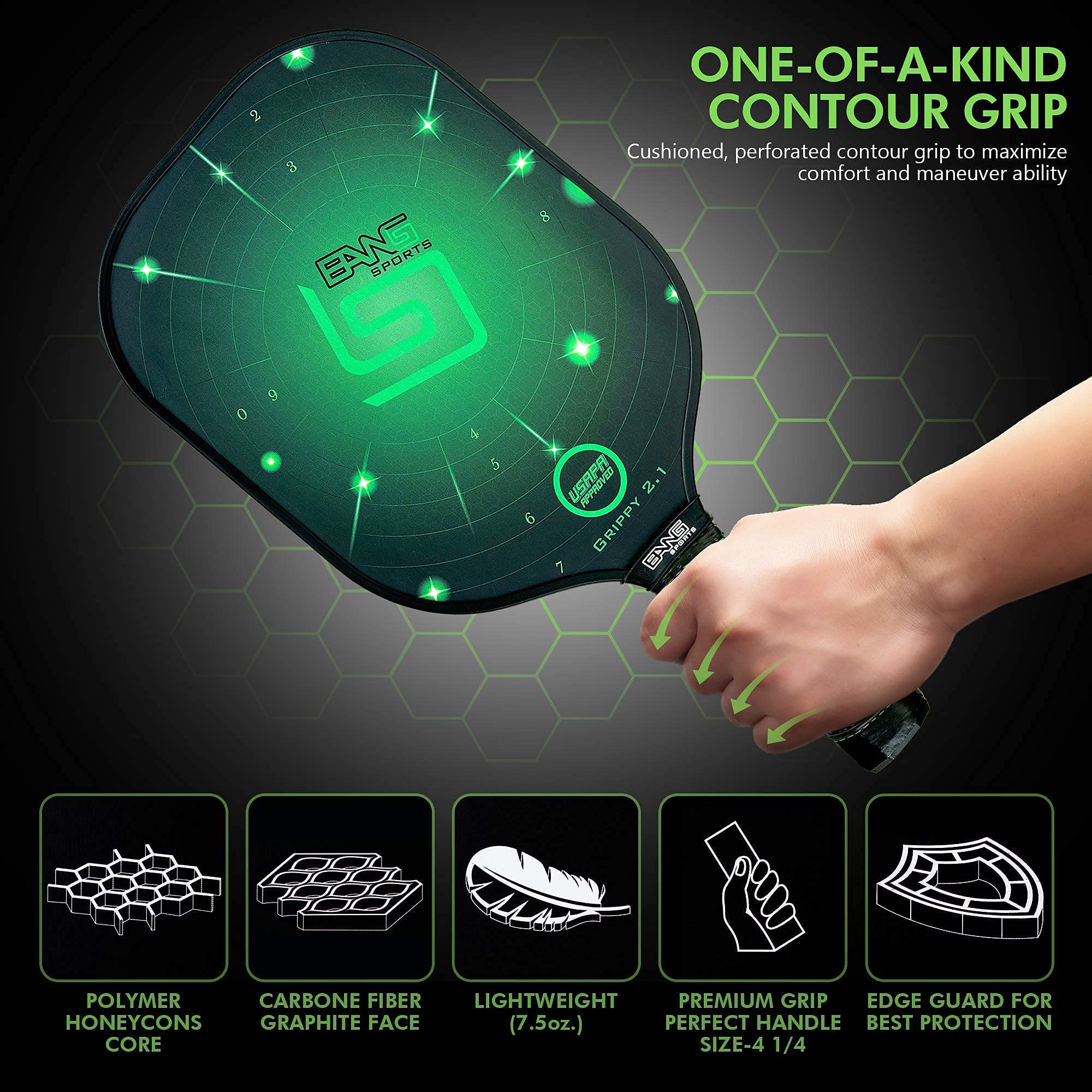 Bang Sports Pickleball Paddles Set of 2 Graphite Rackets - USAPA Approved - Best Quiet Carbon Fiber Surface - Advanced Honeycomb Polymer core - Paddles Covers - Mesh Storage Bag