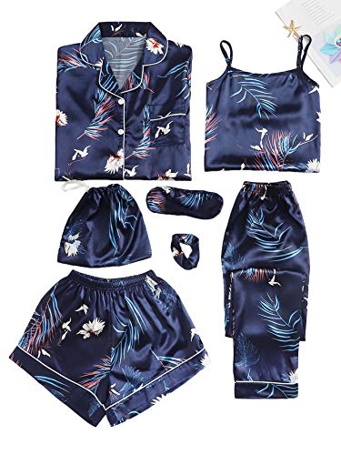 SheIn Women's 7pcs Pajama Set Cami Pjs with Shirt and Eye Mask Royal Blue Medium