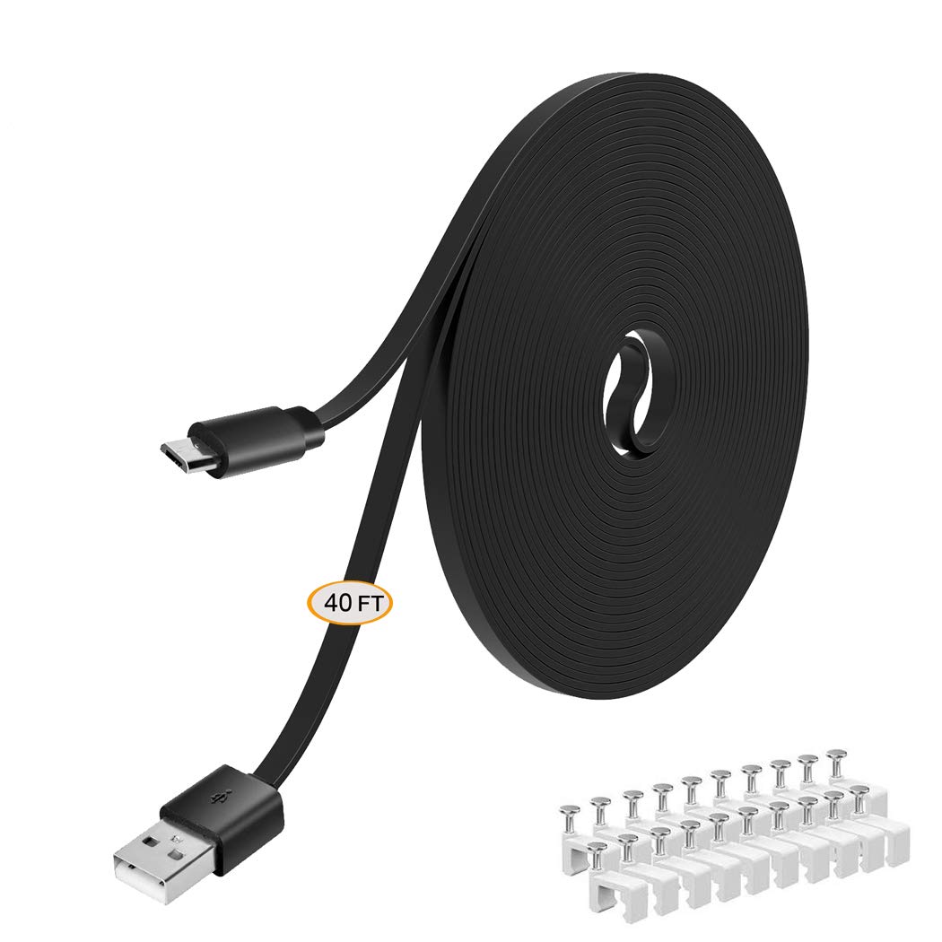 Moyeel 40FT Flat Power Extension Cable Compatible with Wyze Cam/Wyze Cam Pan,Yi Camera,NestCam Indoor,Blink XT Camera,USB to Micro USB Charging Cord for Home Security Camera