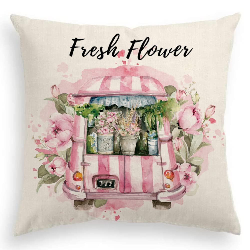 INSHERE Throw Pillow Covers Spring Decorations 18x18 Inch Set of 4,Fresh Flower Truck Garden Oil Painting Style Linen Pillowcase,Decoration for Sofa, Bedroom, Car (Spring 1)