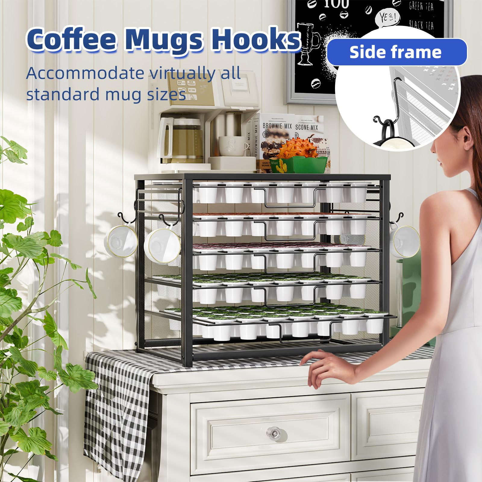 Simple Trending 5-Tier Coffee Pod Holder for K-Cup, 160 Pod Pack Capacity Rack with Mug Rack, Metal, Black