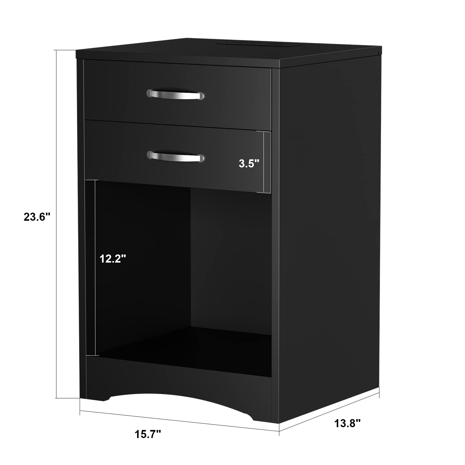 HOSEOKA Black Nightstand with Charging Station 2 Drawer Bedroom Nightstand Wood Sofa Side Table End Table with USB Ports and Storage, Small Kids Nightstand