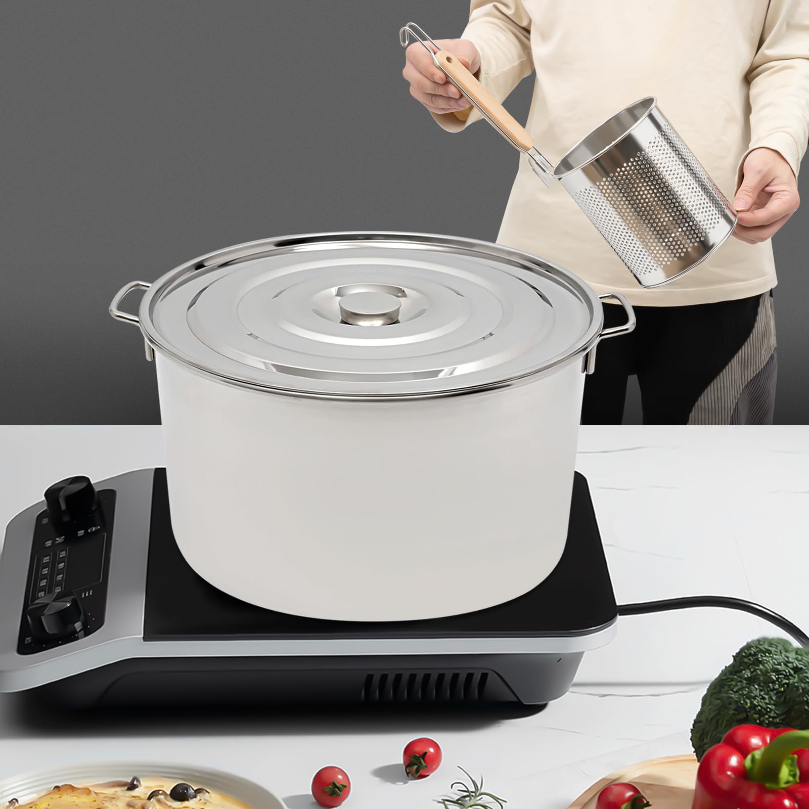 Guaopom 5-Hole Pasta Cooker Insert Set, Commercial Pasta Cooker Set, Stainless Steel Pasta Cooking Cookware with Divider and Colander Strainer for Home Kitchen Restaurant Commercial Cooking Tool