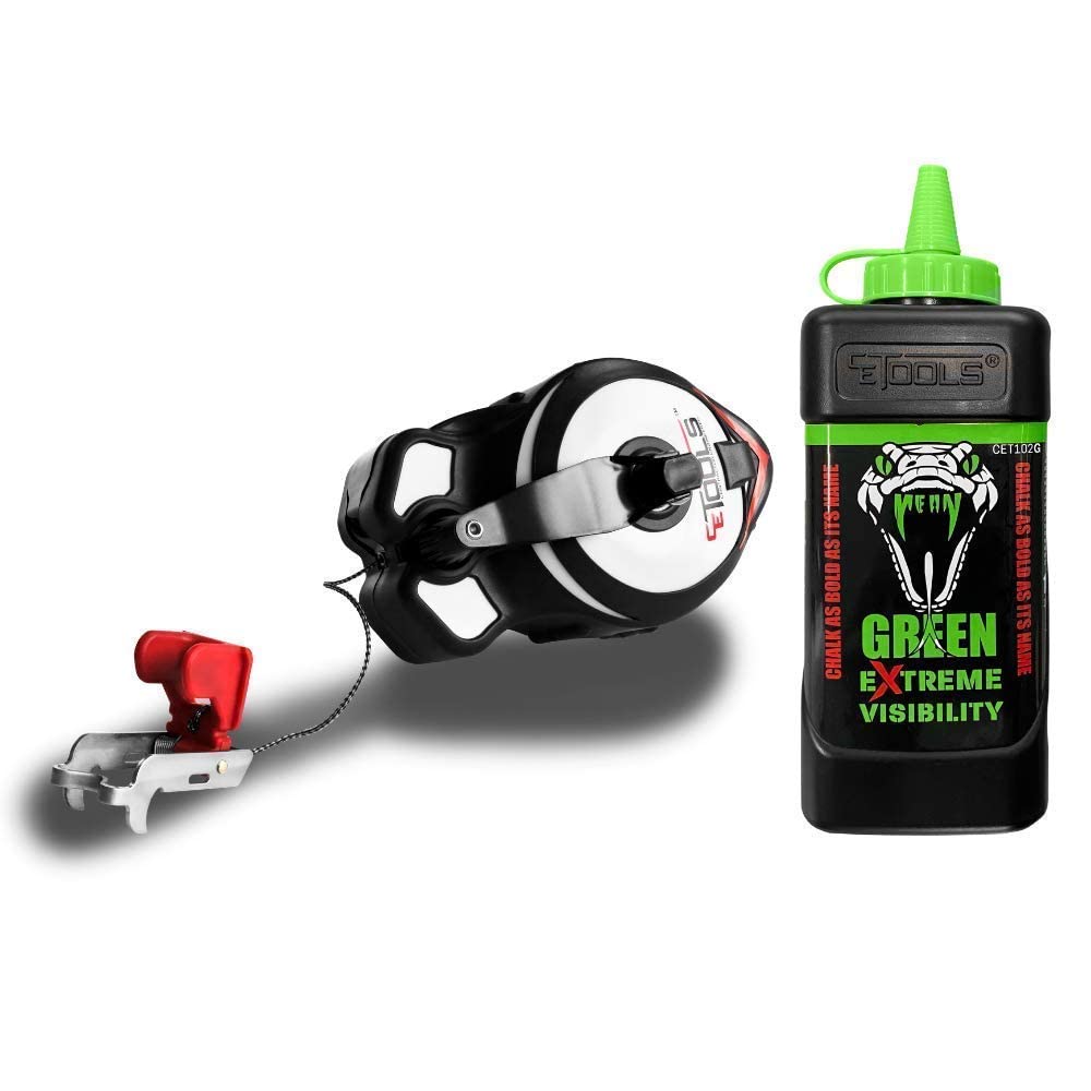 CE TOOLS Snapback® Chalkline with Releasable Tip & Mean Green® EXTREME VISIBILITY Marking Chalk - Made in USA