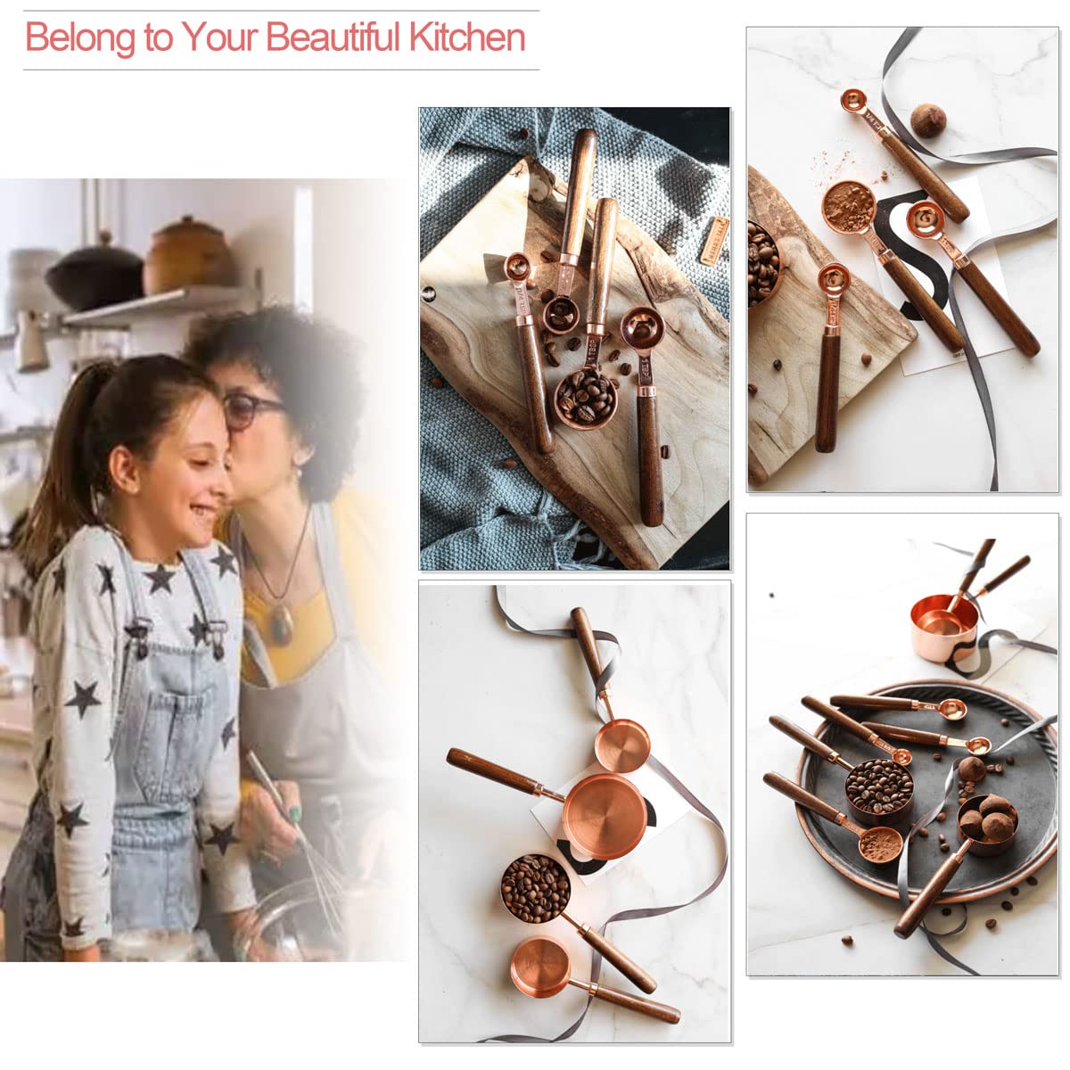 Kitchen Rose Gold Measuring Spoons and Cups Tool Set 8 piece, Dual Scale Unit, Walnut Wood Handle, Stainless Steel Mirror Polished for Dry and Liquid Ingredients Kitchen Cooking Baking Set