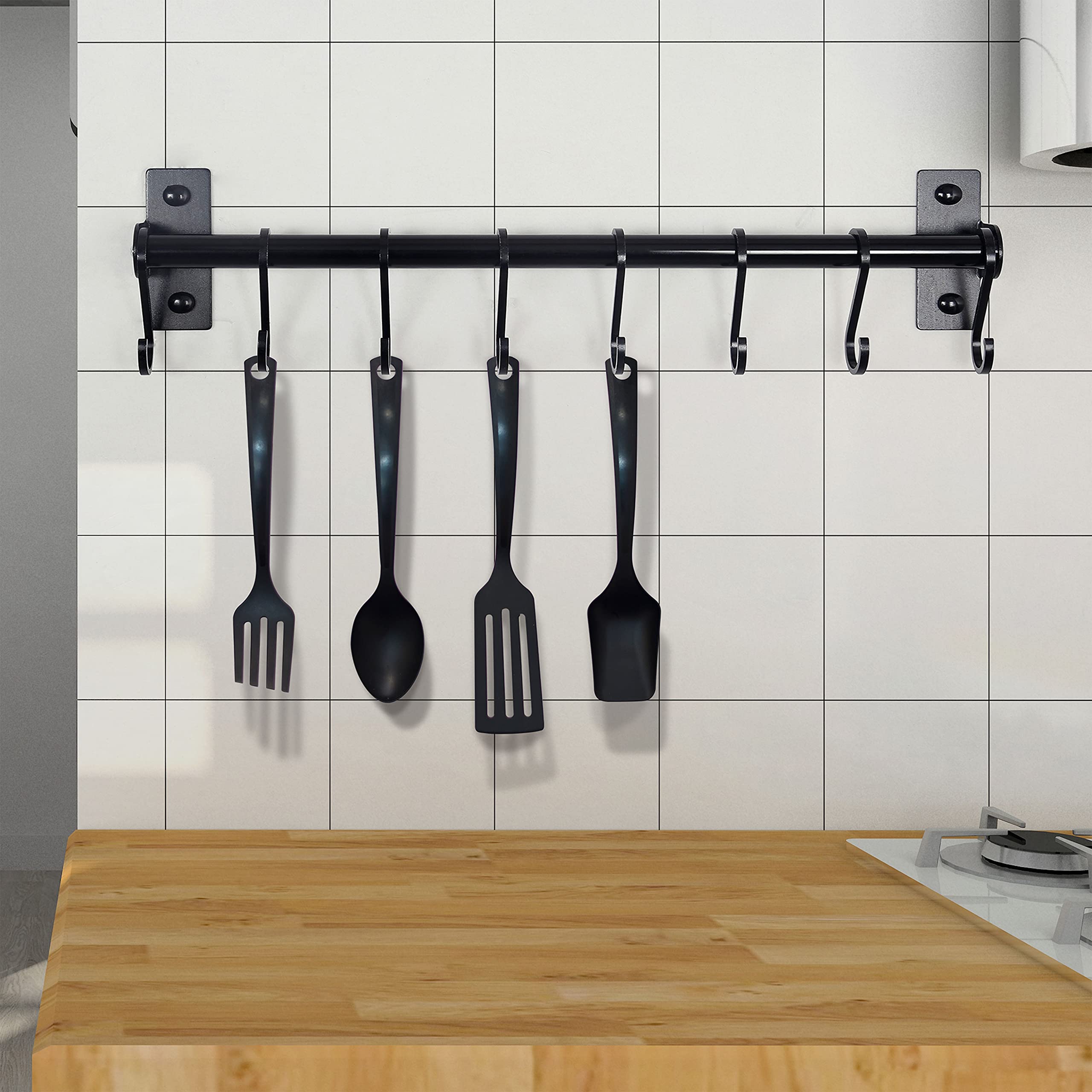 Dseap Kitchen Utensil Holder Hanger, Pot and Pan Rack wall mounted, Kitchen Rail with 8 Hooks for Hanging Cooking Utensils, Mugs, Spoons, Wall Mounted, Black, Pack of 2