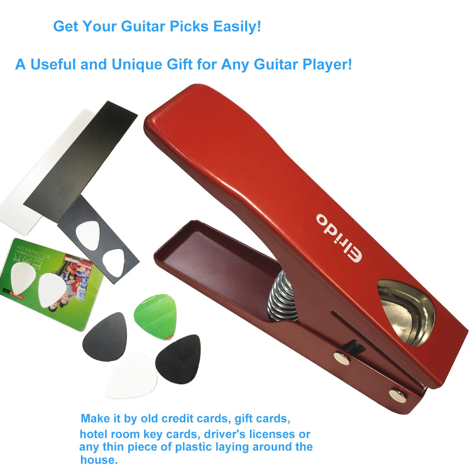 Elrido DIY Guitar Picks Punch Pick Maker to Make Your Endless Guitar Picks Puncher Tool Kit, 2 Pick Strips Sheet, Leather Key Chain Picks Holder - Guitar Picks Punch Tool Guitar Picks Cutter (Red)