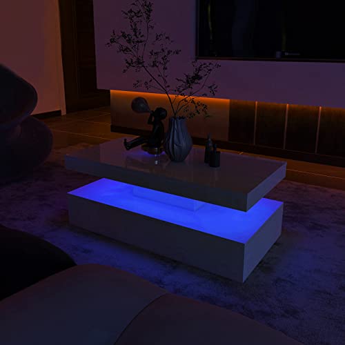 SUCXDZQ Modern Coffee Table with RGB LED Light, High Gloss Coffee Table with Remote Control for Living Room, White