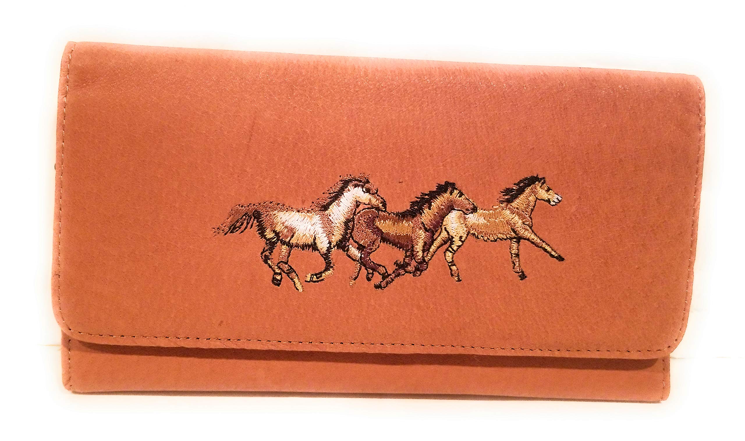 Embroidered Soft Genuine Leather Ladies Trifold Clutch Wallet (Tan, Horse Head)