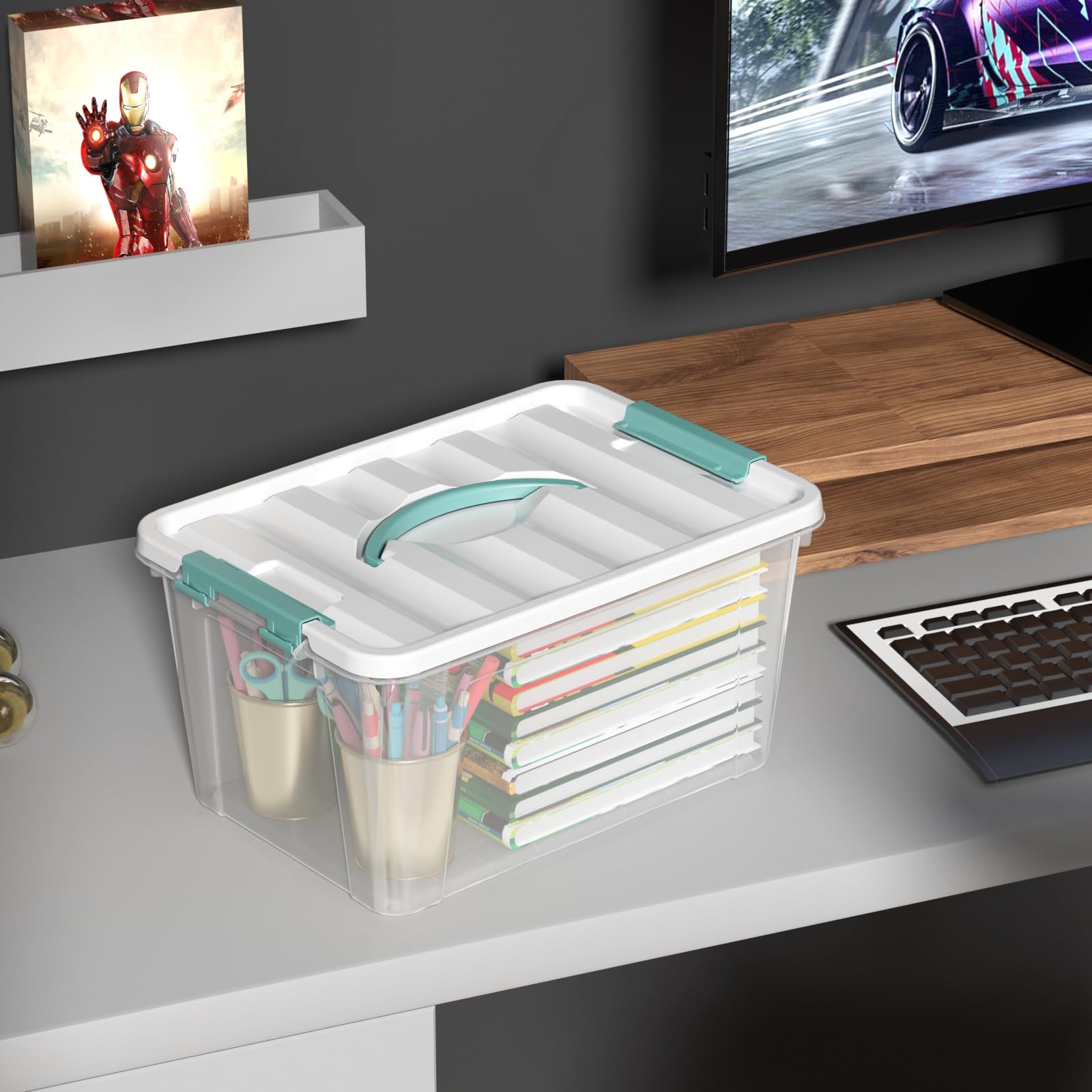 CadineUS 14 Quart Clear Storage Totes with Handles, Plastic Latch Box Set of 6