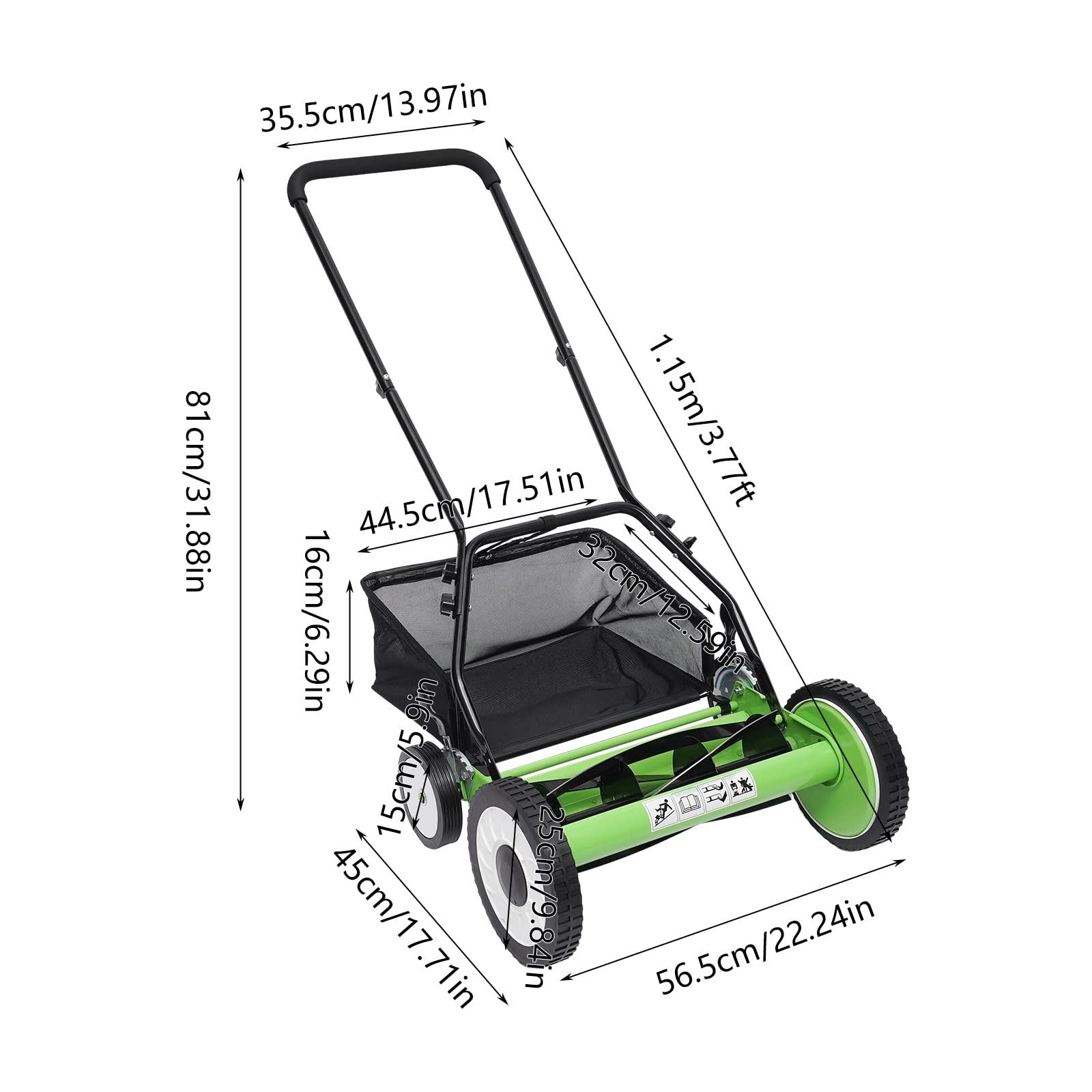 BANLICALI Grass Trimmer, 16-Inch 5-Blade Cordless Manual Reel Lawn Mower with Grass Collection Basket and Wheel, 9-Position Adjustable Height (1.34"-2.52"), Weed Wacker for Home Lawn Edger Green