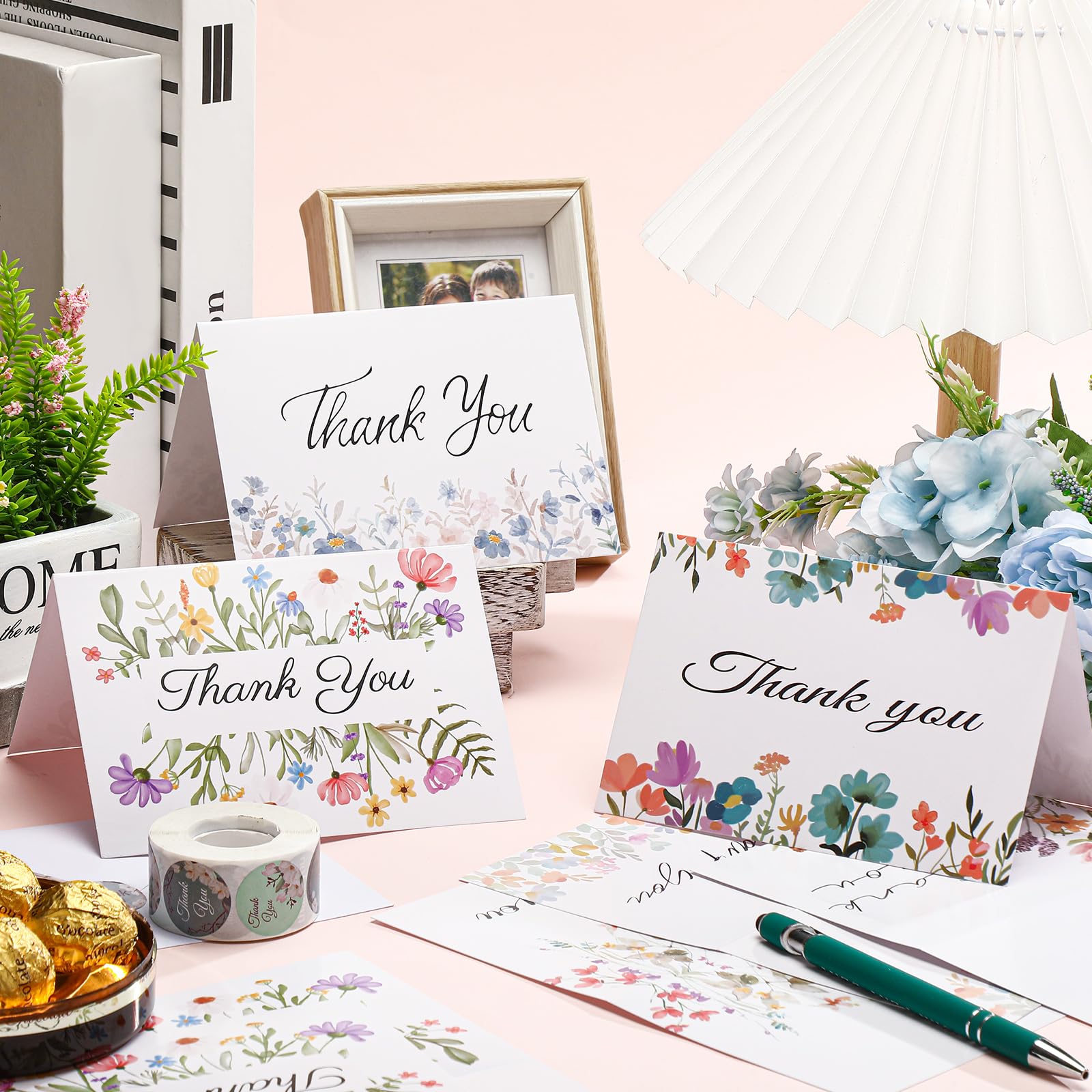 Gueevin 150 Pcs Spring Thank You Cards Bulk with 150 Pcs Envelopes Floral Greeting 16 Pcs Wildflower Stickers for Bridal Shower Note Cards Blank Valentine Gift Cards Birthday Anniversary Romantic Date