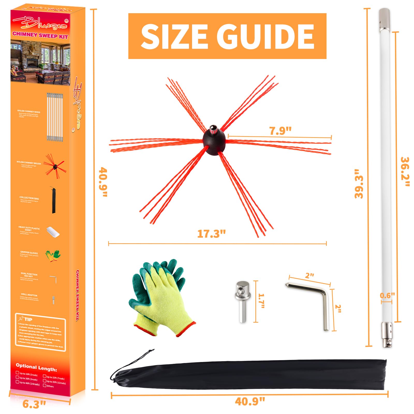 Bluesea 39 Feet Chimney Sweep Kit, Ergonomic Chimney Cleaning Kit, Extends Up to 39 Feet, Chimney Cleaner, Chimney Cleaning Tools, Chimney Cleaning System with Strong Brush, 12 Flexible Chimney Rods