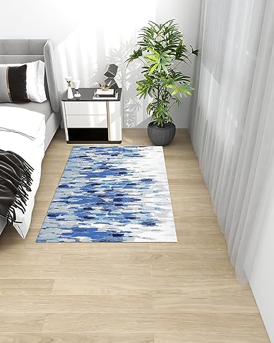 Contemporary Blue Large Rectangular Area Rugs 5' x 7' Living Room, Abstract Rustic Painting Art Durable Non Slip Rug Carpet Floor Mat for Bedroom Bedside Outdoor