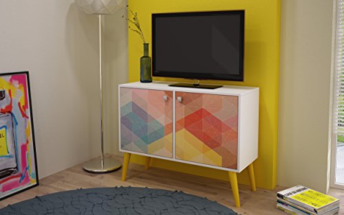 Manhattan Comfort Avesta Double Side Table 2.0 Collection Free Standing Modern Side Table / TV Stand with Storage Includes 2 Doors with 3 Shelves and Features Splayed Legs, White/Stamp/Grey Legs