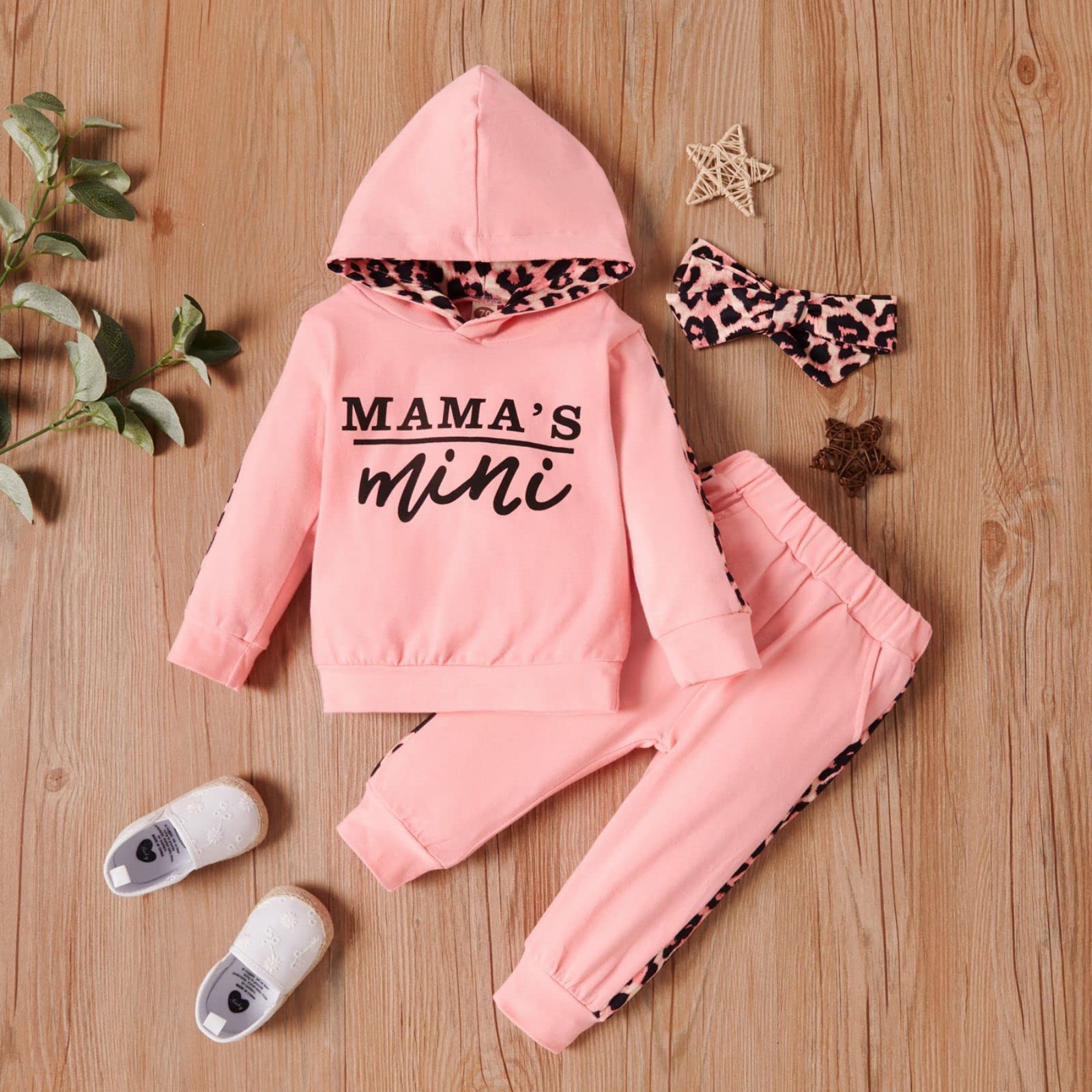 Baby Girl Outfits Long Sleeve Leopard Cotton Pullover Sweatshirt Mama's Mini Infant Hoodies Tops Pants Headband 3 Pcs 6-9 Months