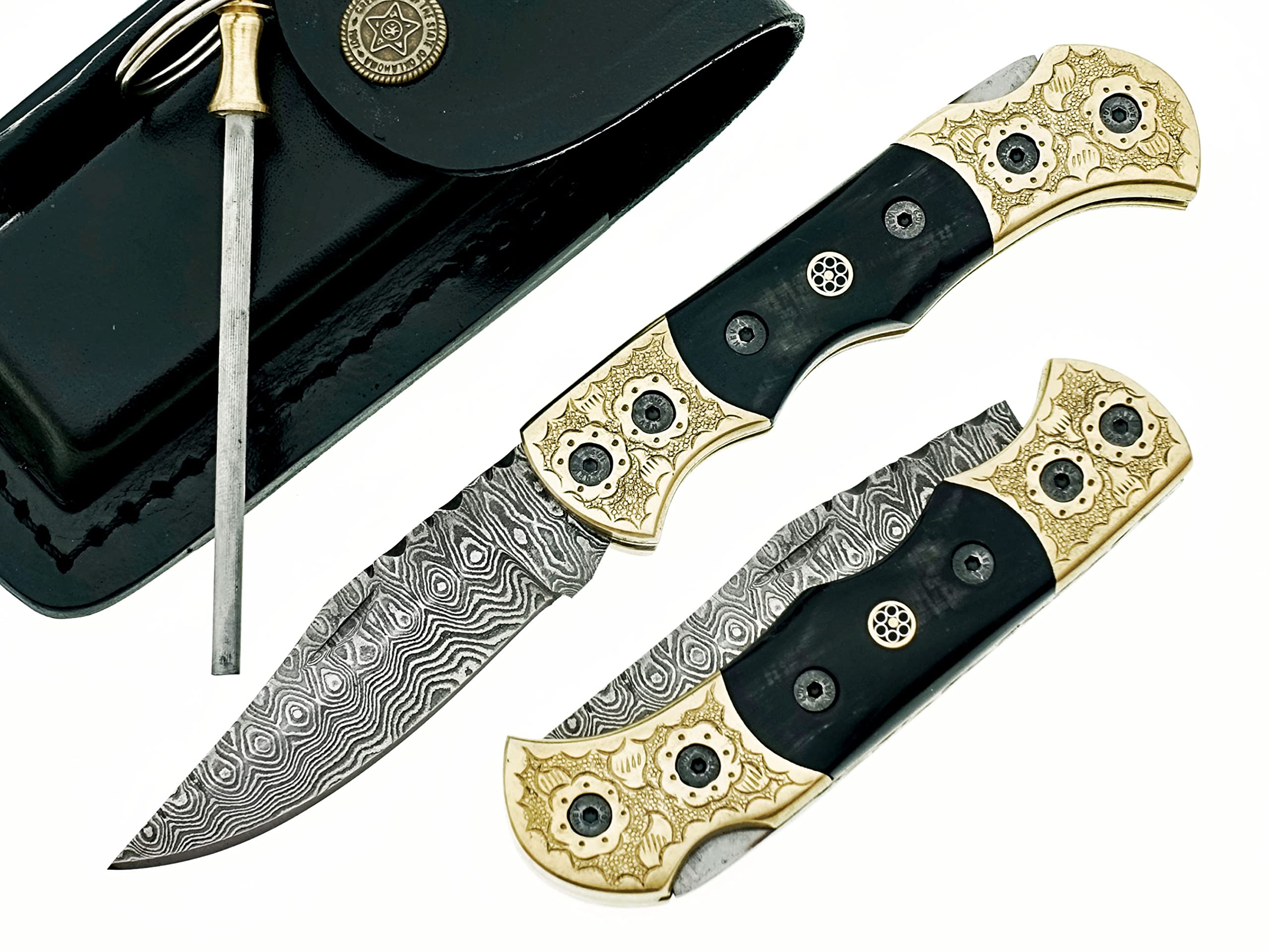 Damascus Steel Blade Folding Pocket Hunting Lock Knife With Real Leather Sheath For Camping Fishing Outdoor. SM106