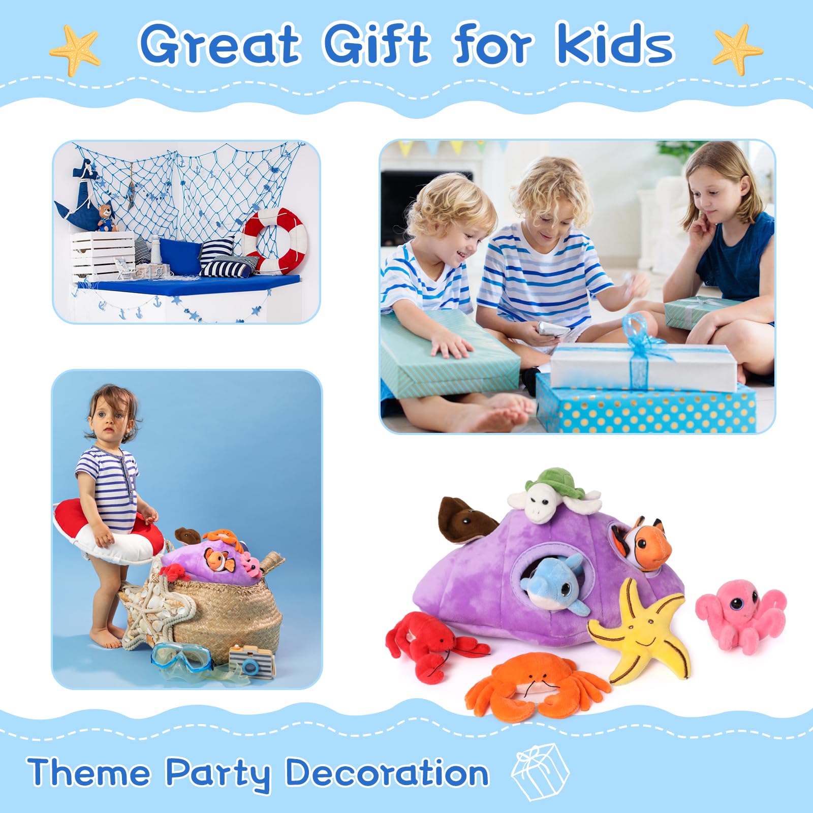 Muiteiur Plush Soft Ocean Animals Set with Plush Sea Shell House Includes Stuffed Turtle, Lobster, Crab, Dolphin, Devil Fish, Octopus, Starfish, Clownfish (Multicolor,8 Piece)