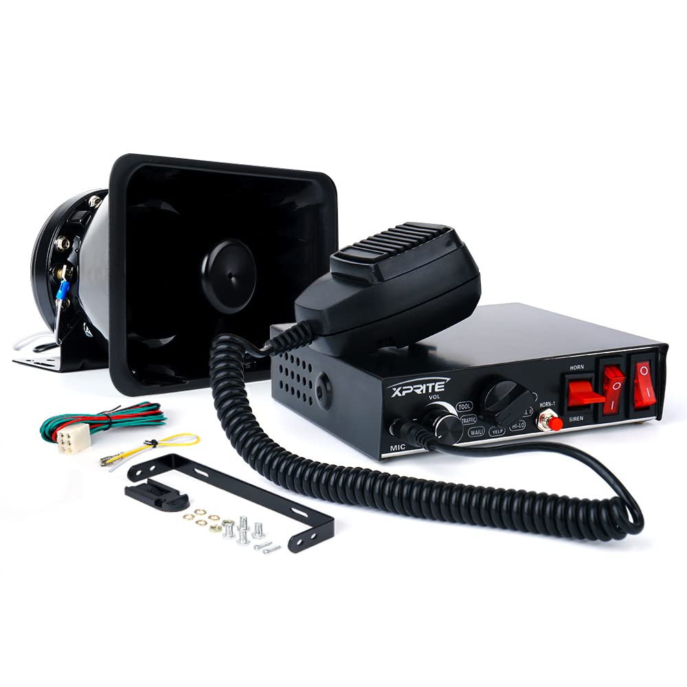 Xprite 200 Watt 8 Tones Emergency Warning Siren Speaker PA System Kit w/Handheld Microphone & Light Control Switches for Police Cars