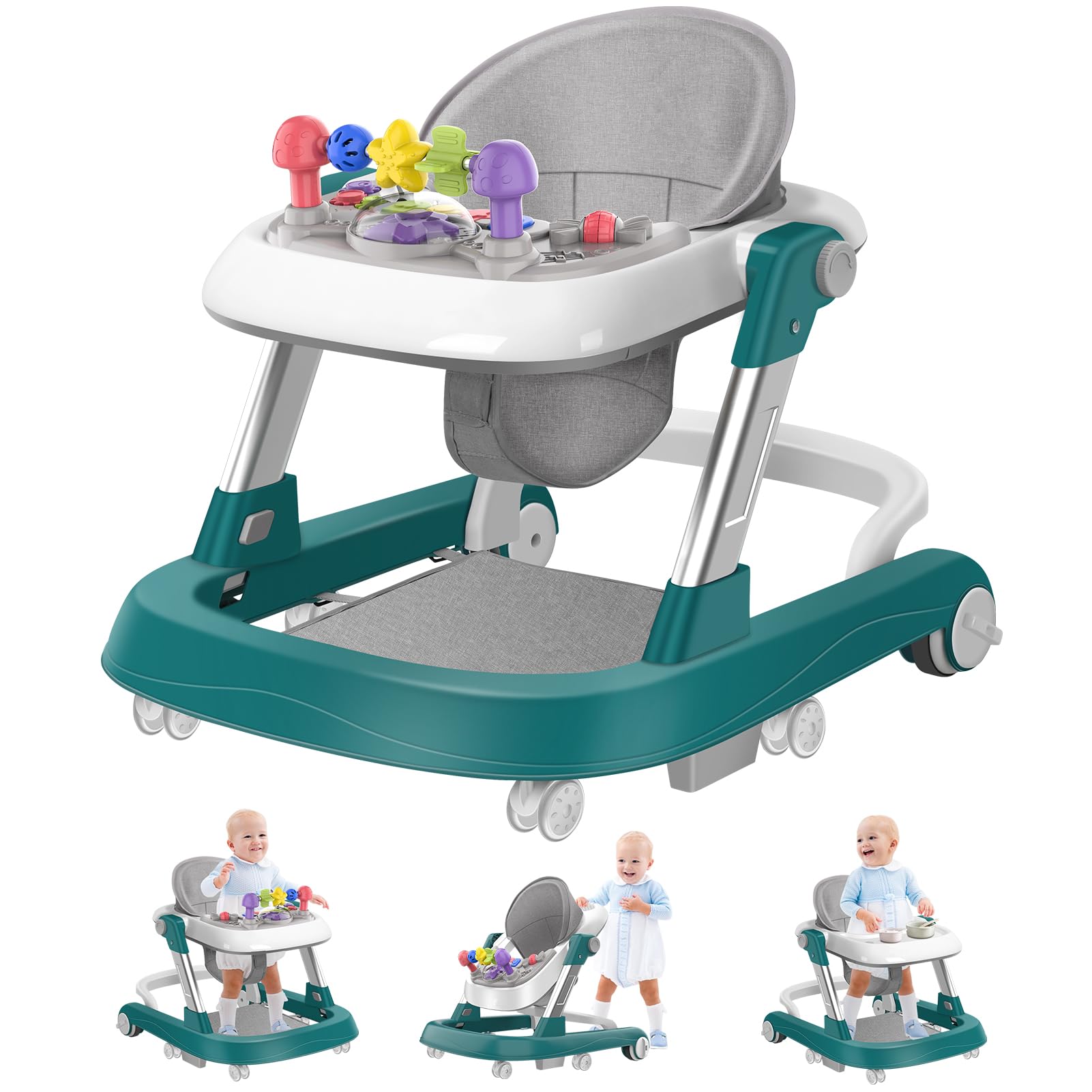 Baby Walker with Wheels, 2-in-1 Activity Walker Learning-Seated, Walk-Behind, Removable Play Tray, Adjustable Height & Speed, Foldable Baby Walker for Boys and Girls from 6-18 Months with Footrest