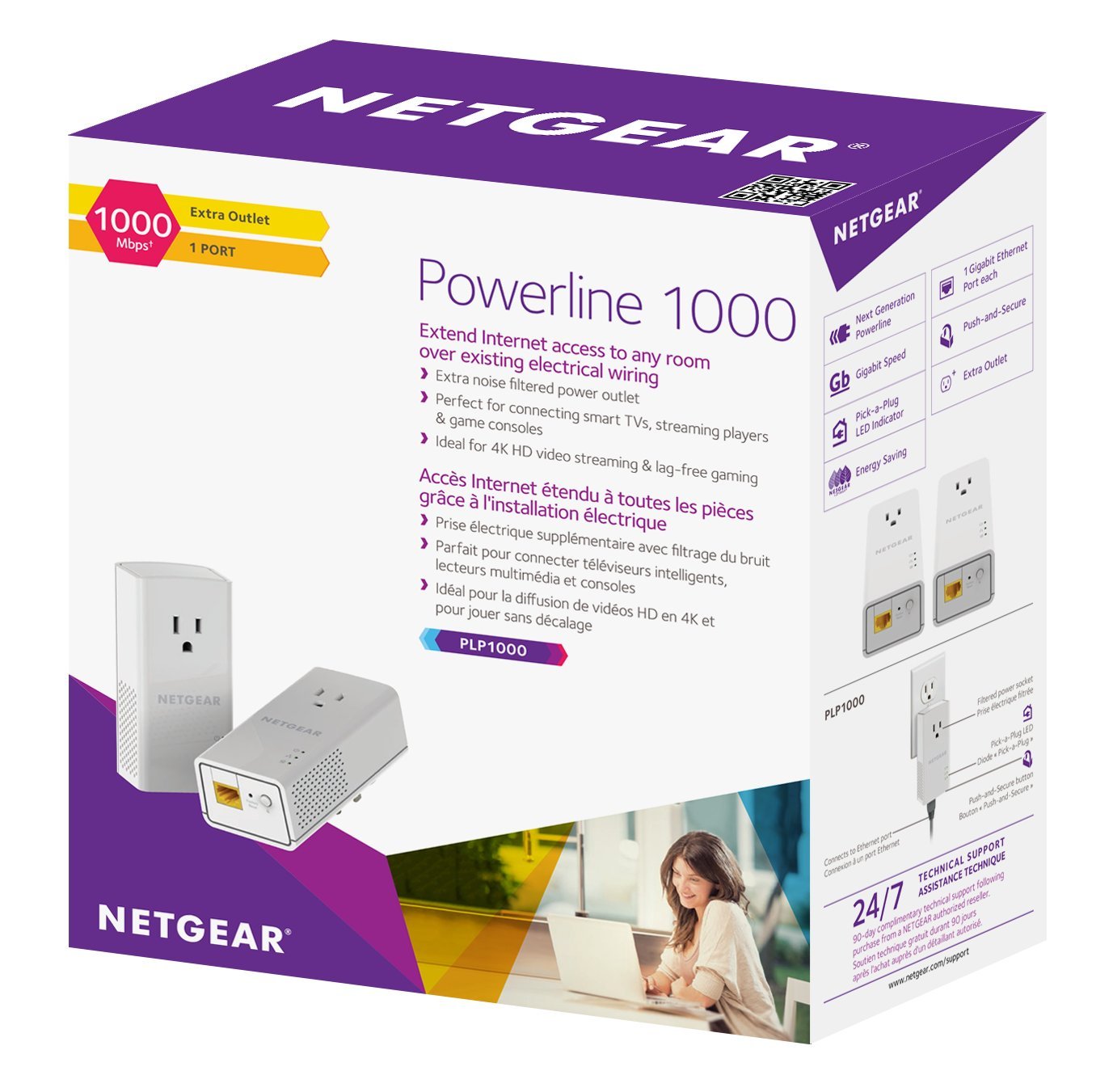 NETGEAR PowerLINE 1000 Mbps, 1 Gigabit Port with Pass-Through, Extra Outlet (PLP1000-100PAS)