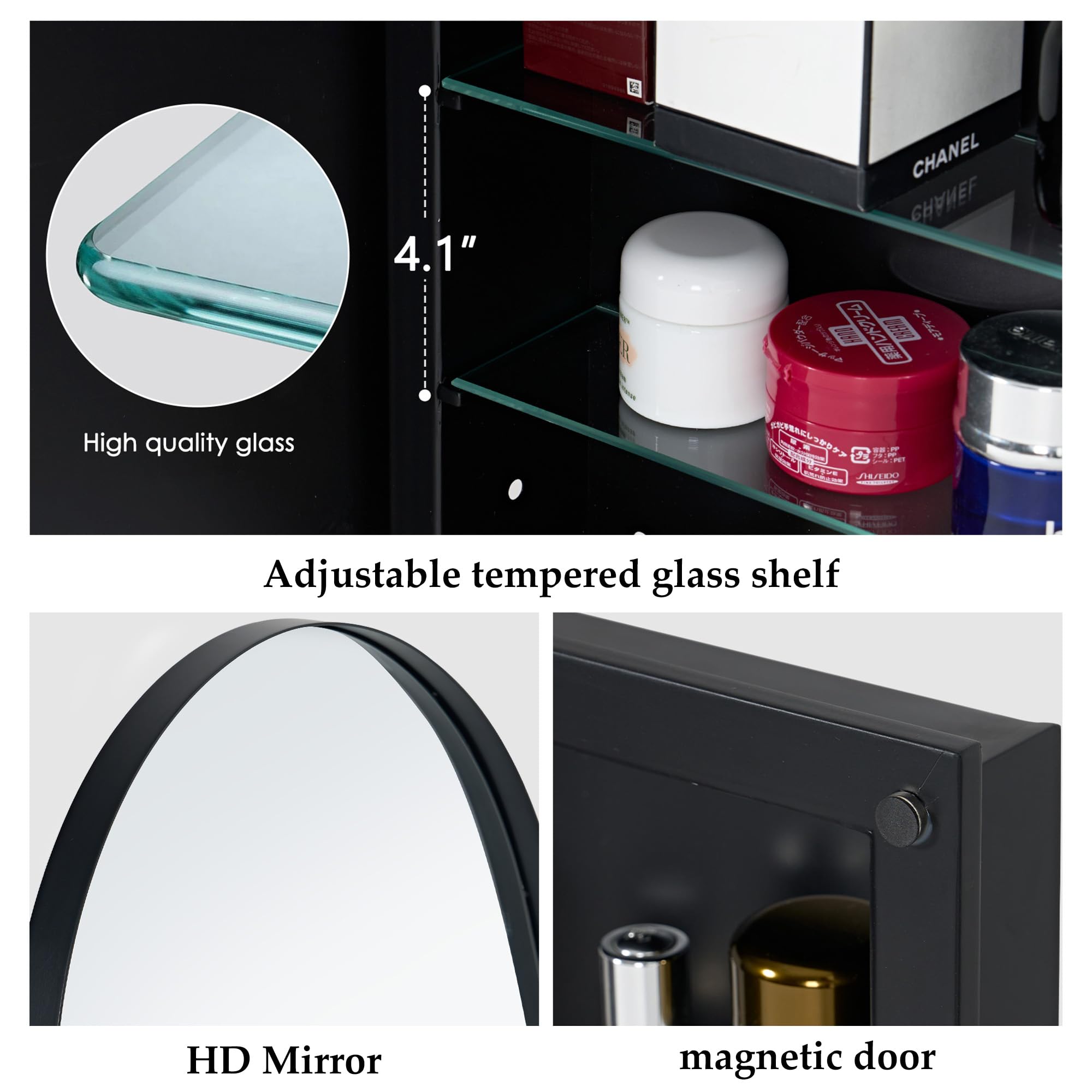 SDHYL Arched Bathroom Medicine Cabinet with Mirror, 36”x24” Recessed Medicine Cabinet for Bathroom with Beveled Edge Mirror, Wall Mounted Deep Set Alumiunm Frame, Black