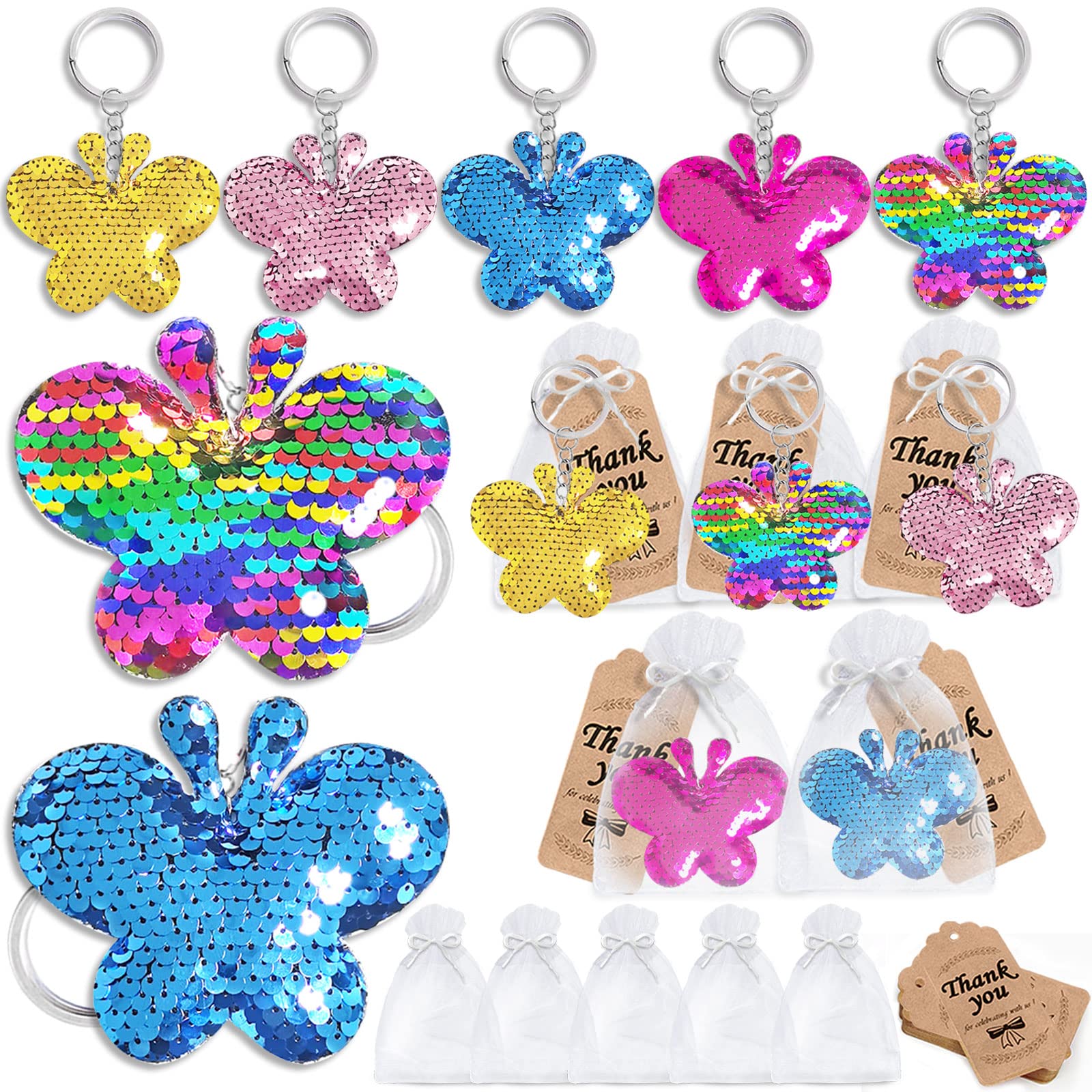CiciBear 60 Pack Big Butterfly Sequin Keychains Set with 20 Keychains, 20 Thank You Tags and 20 Gift Bags for Butterfly Theme Party Decor,Birthday Baby Shower Wedding Return Gifts