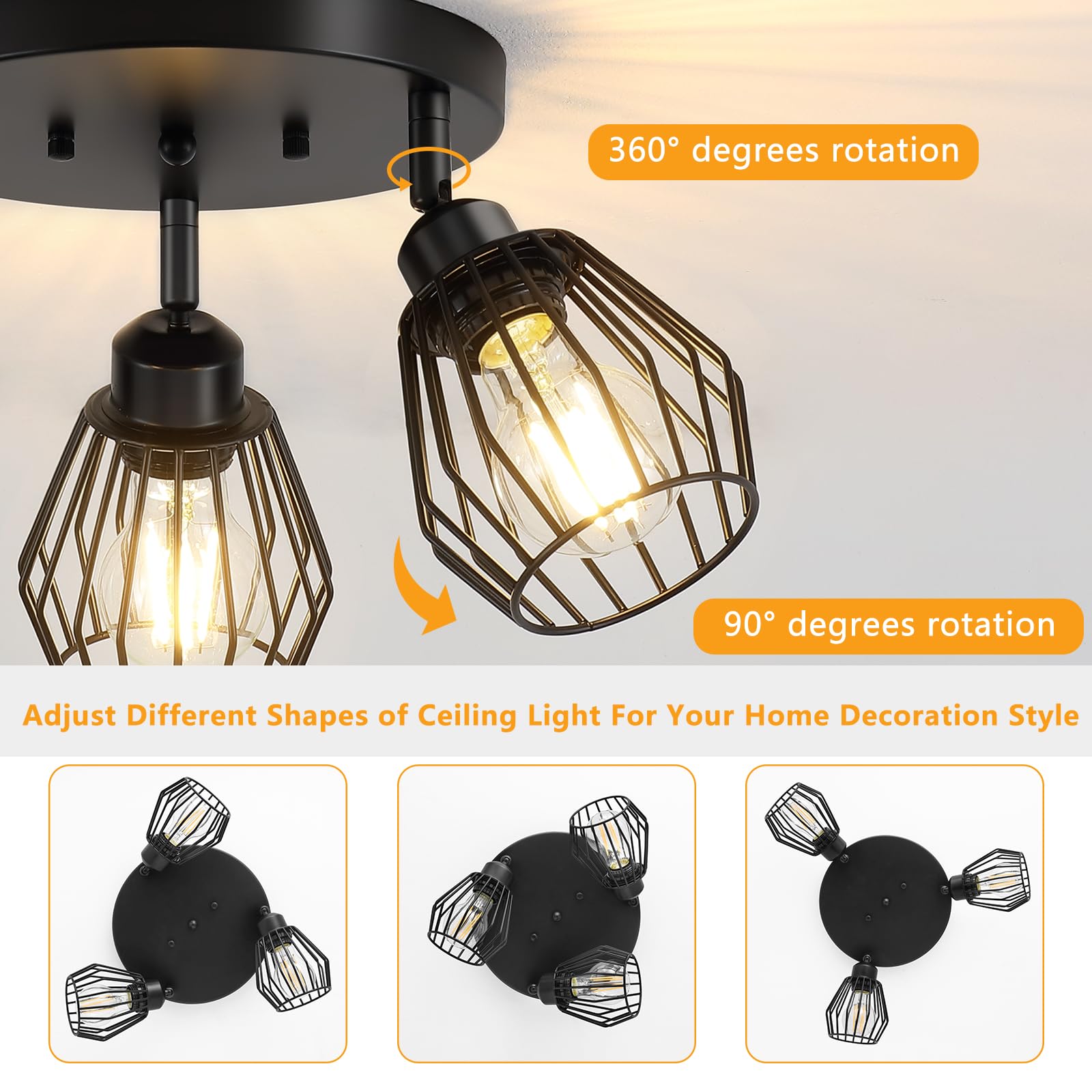 Baocuz 3-Light Kitchen Light Fixtures Ceiling Mount, Adjustable Multi-Directional Ceiling Fixture, Farmhouse Black Metal Cage Flush Mount Ceiling Light Fixtures for Hallway Dining Room Entryway