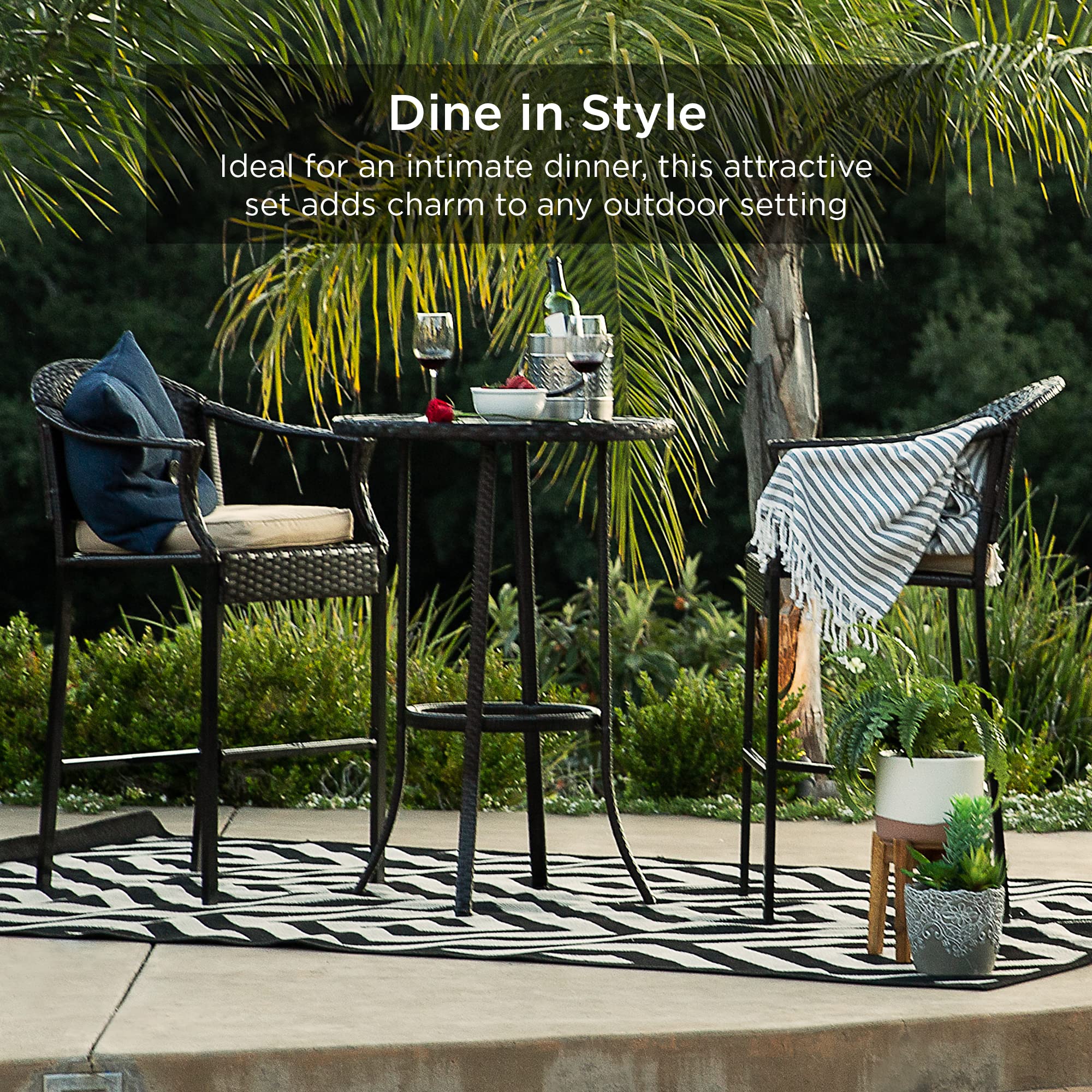 Best Choice Products 3-Piece Patio Bar Table Set, Outdoor Wicker Bar Height Bistro Furniture for Backyard, Poolside, Balcony w/Barstools, Cushions, Steel Frame β Brown/Beige
