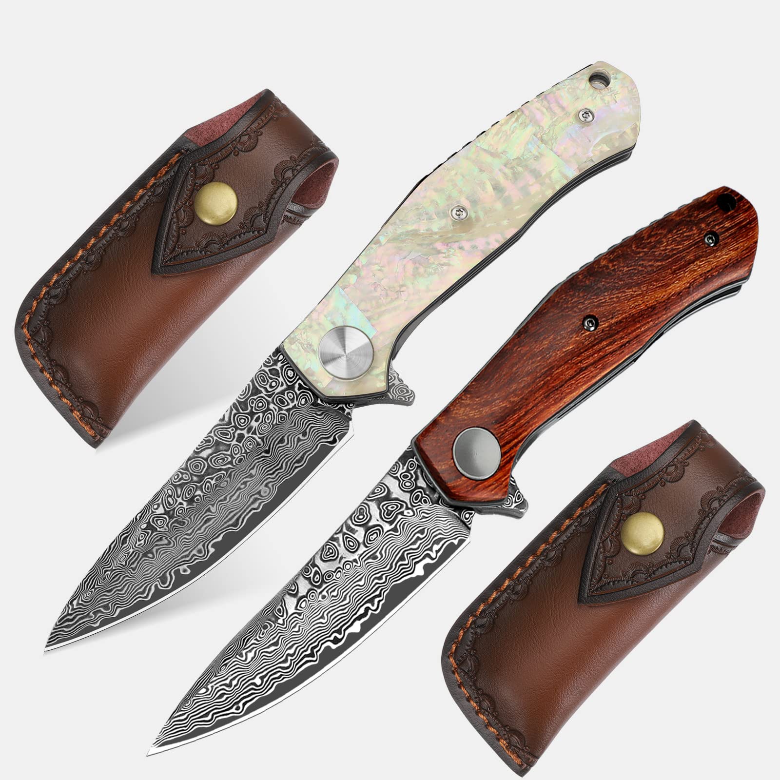 Benkey VG10 Damascus Pocket Knife with Clip Leather Sheath and Abalone Seashells Folding Hunting Knife Bundles