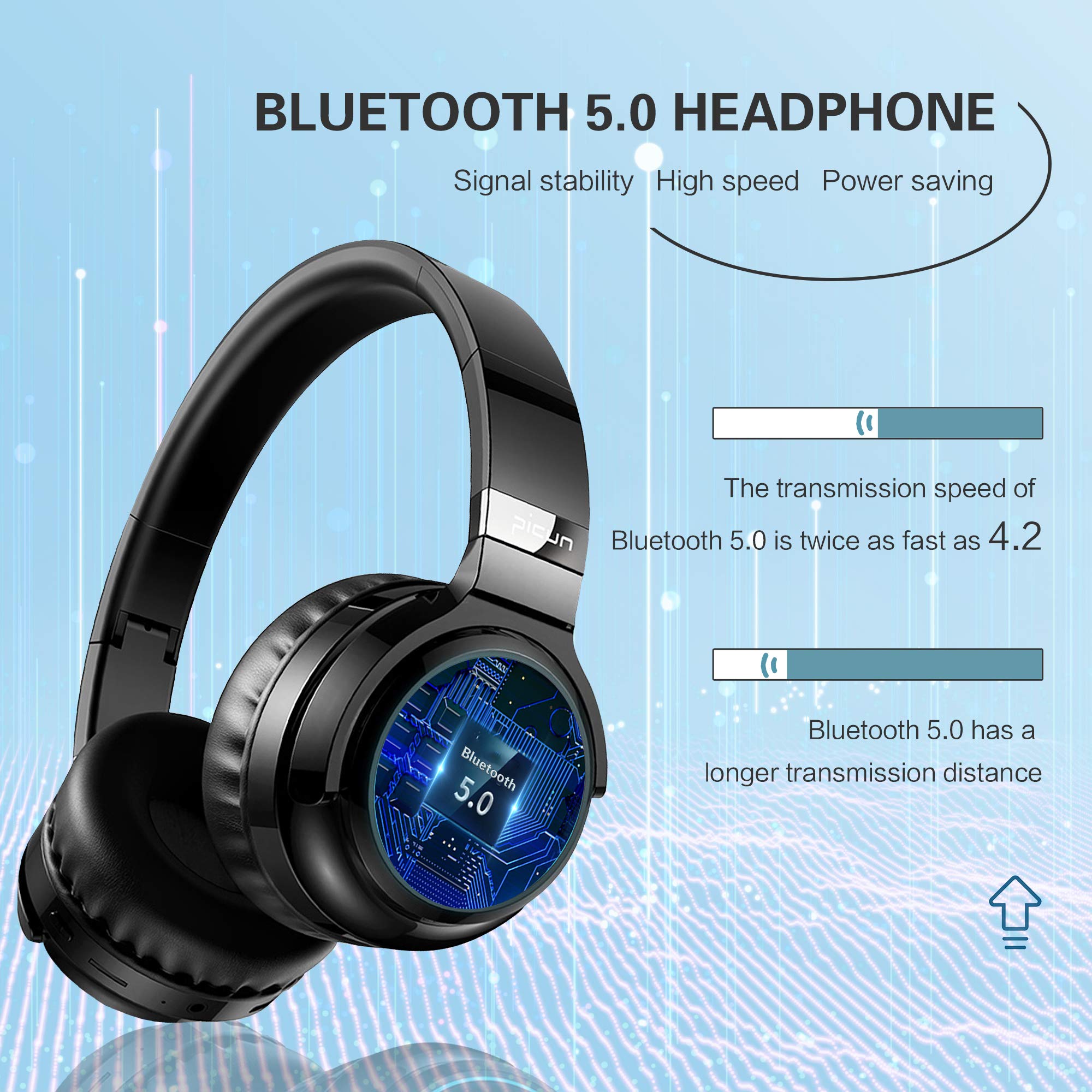 Bluetooth Headphone Wireless Over-Ear Headphone with Mic HiFi Stereo Headset Foldable Noise Cancelling Earphone Micro SD Comfortable Protein Earpads 80 H Playtime for Travel/Work(Black)